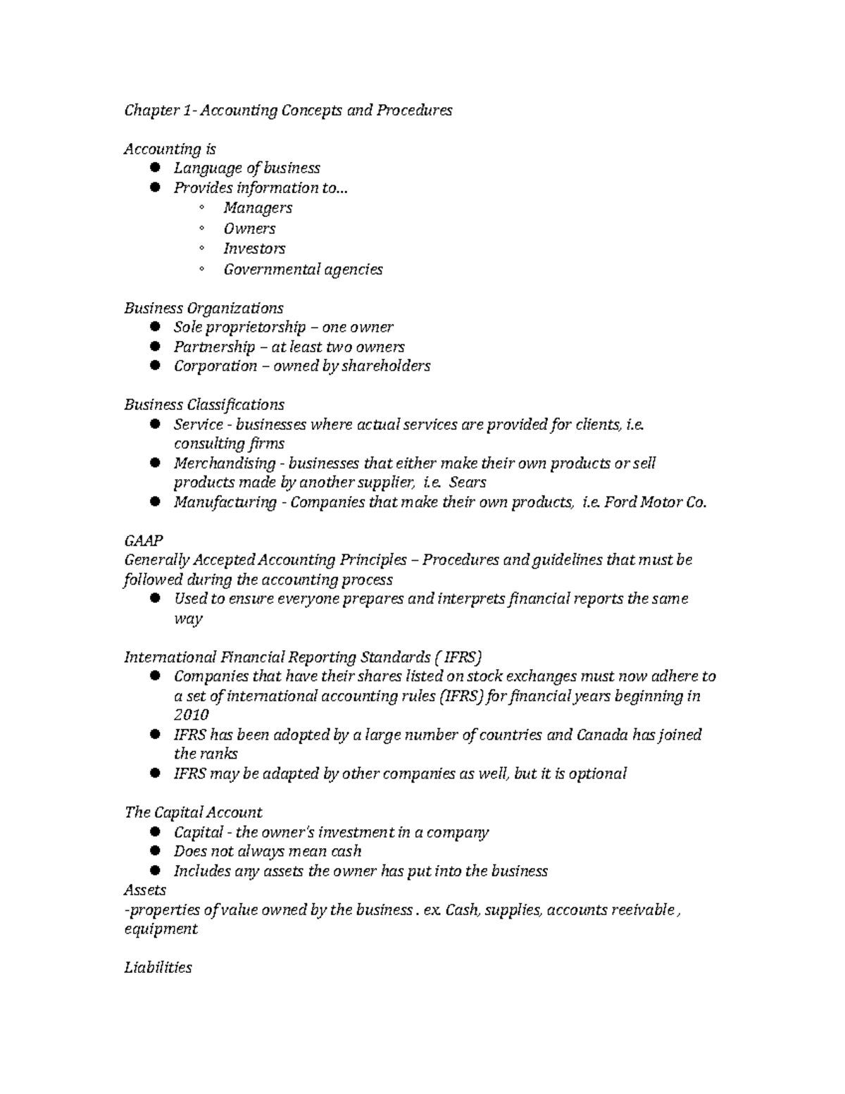 Chapter 1 Accounting Notes - Chapter Accounting Concepts and Procedures ...