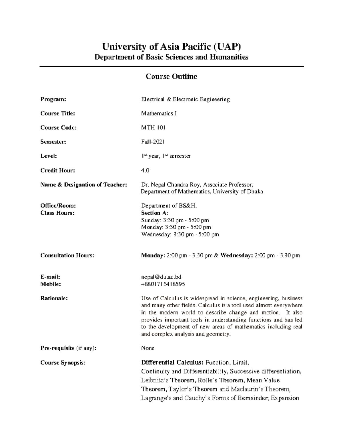 Course Outline for math 101 course calculous - University of Asia ...