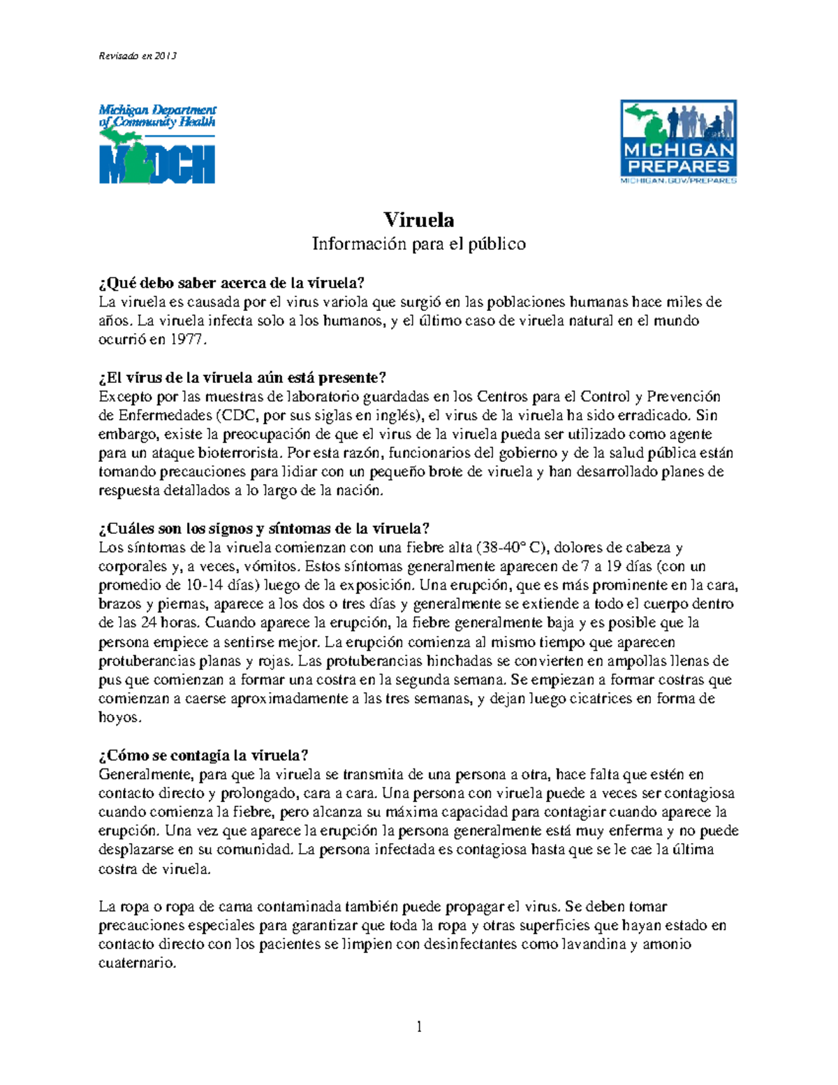 Smallpox Fact Sheet Spanish - Viruela Información para el público ¿Qué ...
