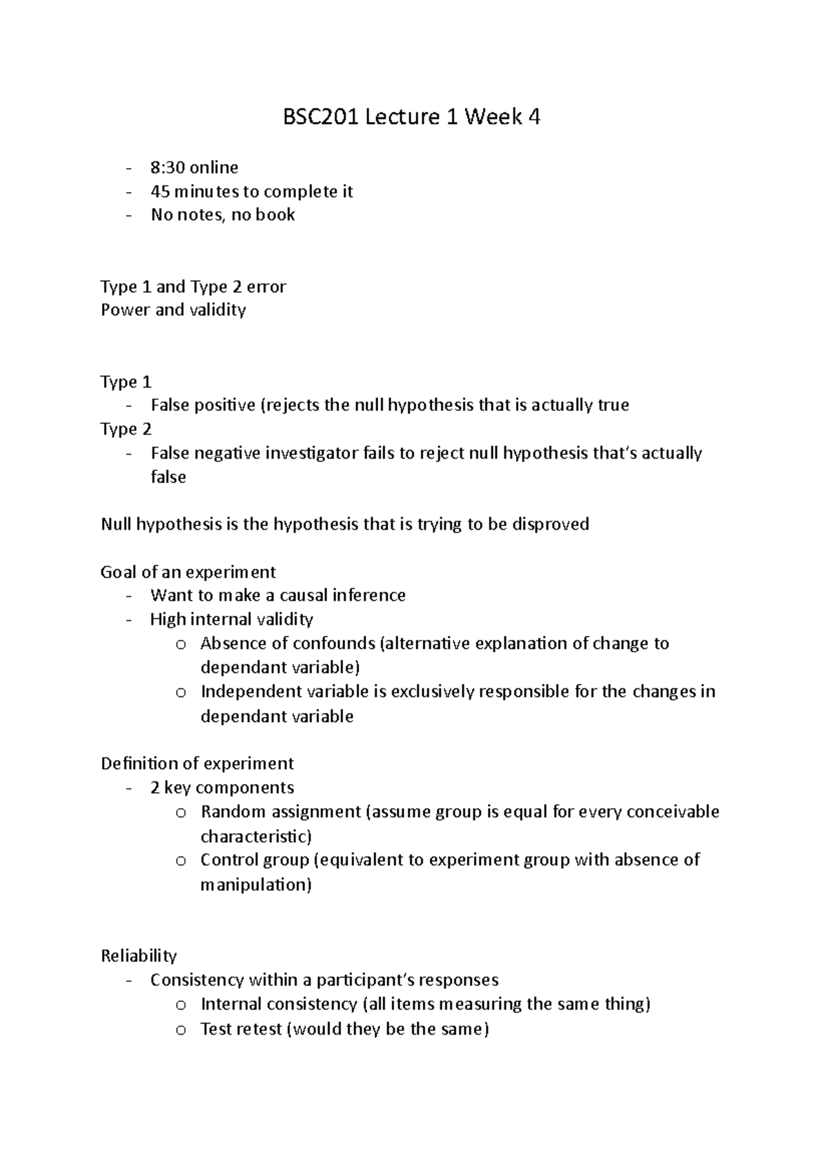 Error Reliability And Validity Lecture Bsc201 Lecture 1 Week 4 830 Online 45 Minutes To