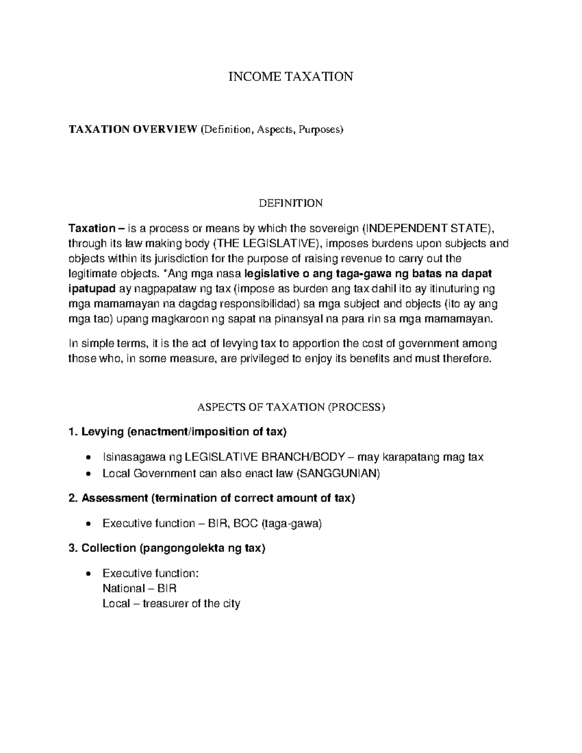 Individual- Taxpayers - INCOME TAXATION TAXATION OVERVIEW (Definition ...