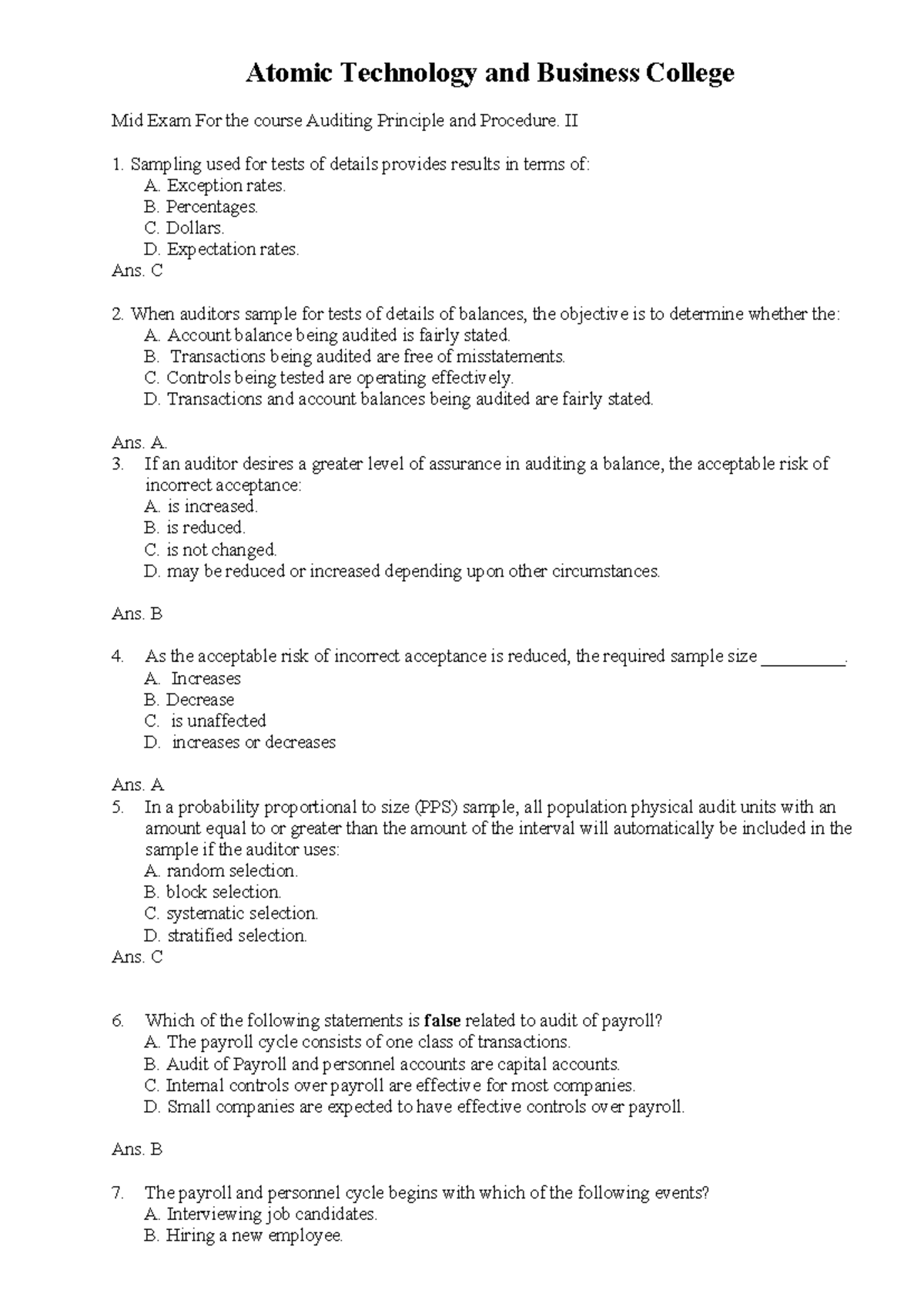 Test for Audit II - Atomic Technology and Business College Mid Exam For ...