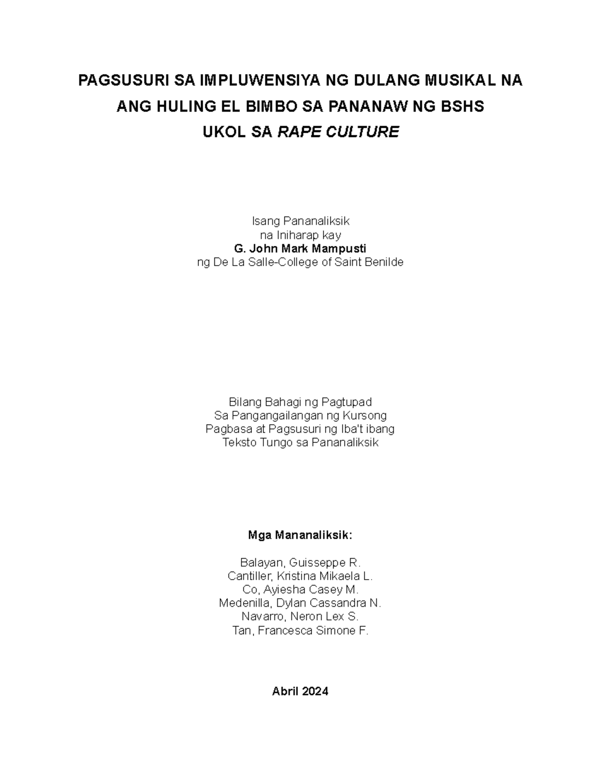 Pagsusuri sa Impluwensiya ng Dulang Musikal na Ang Huling El Bimbo sa ...