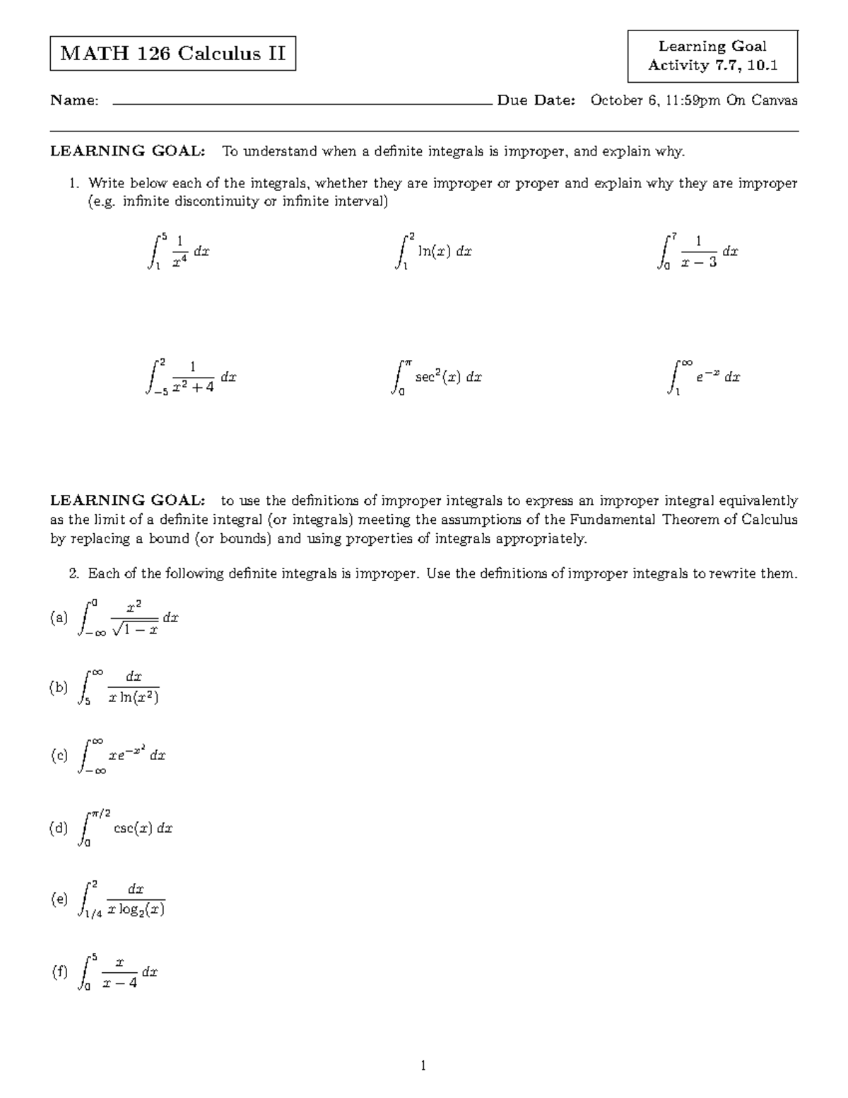 LGA Sections 7.7, 10 - math - MATH 126 Calculus II Activity 7, 10 Goal Name: Due Date: October 6 ...