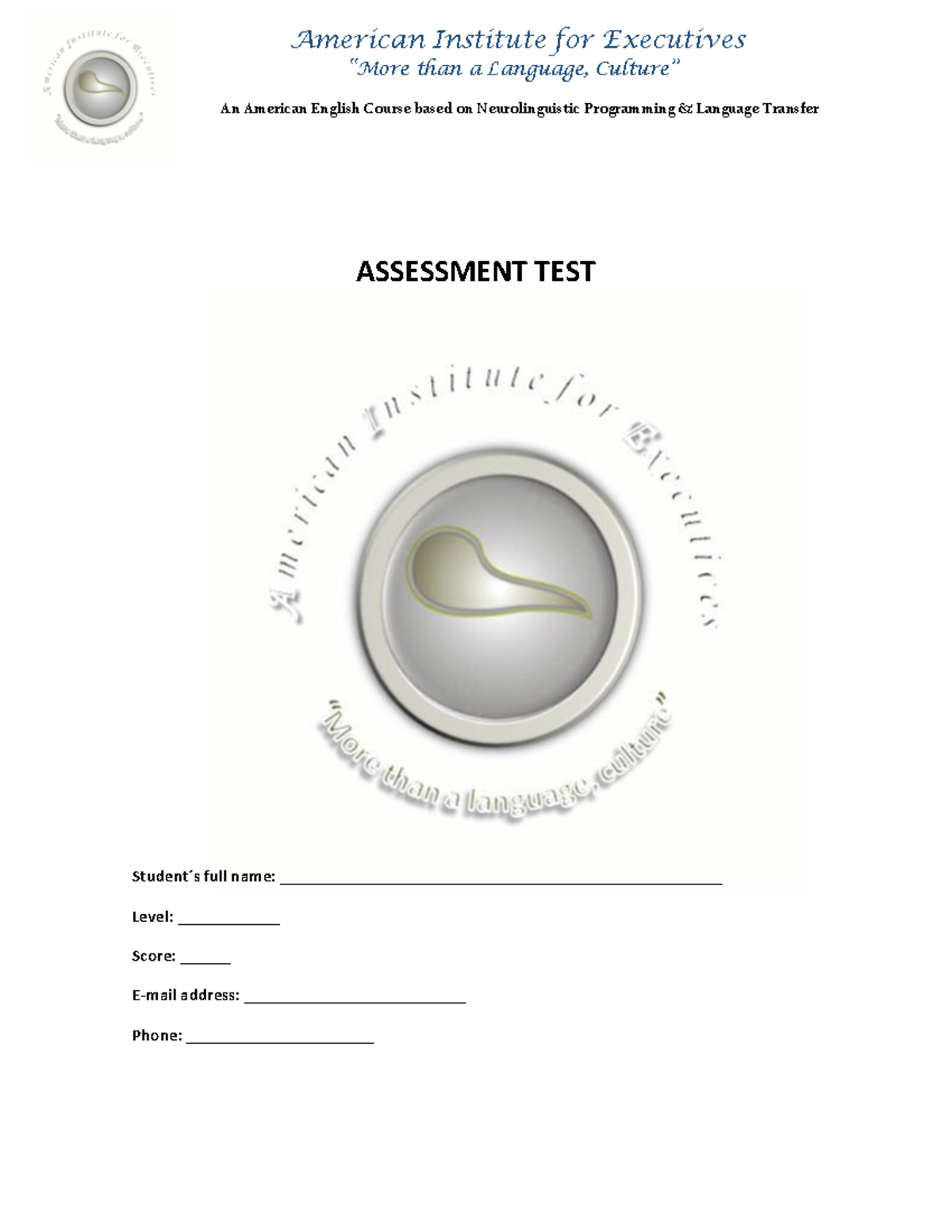 English Assessment TEST for english - “More than a Language, Culture ...