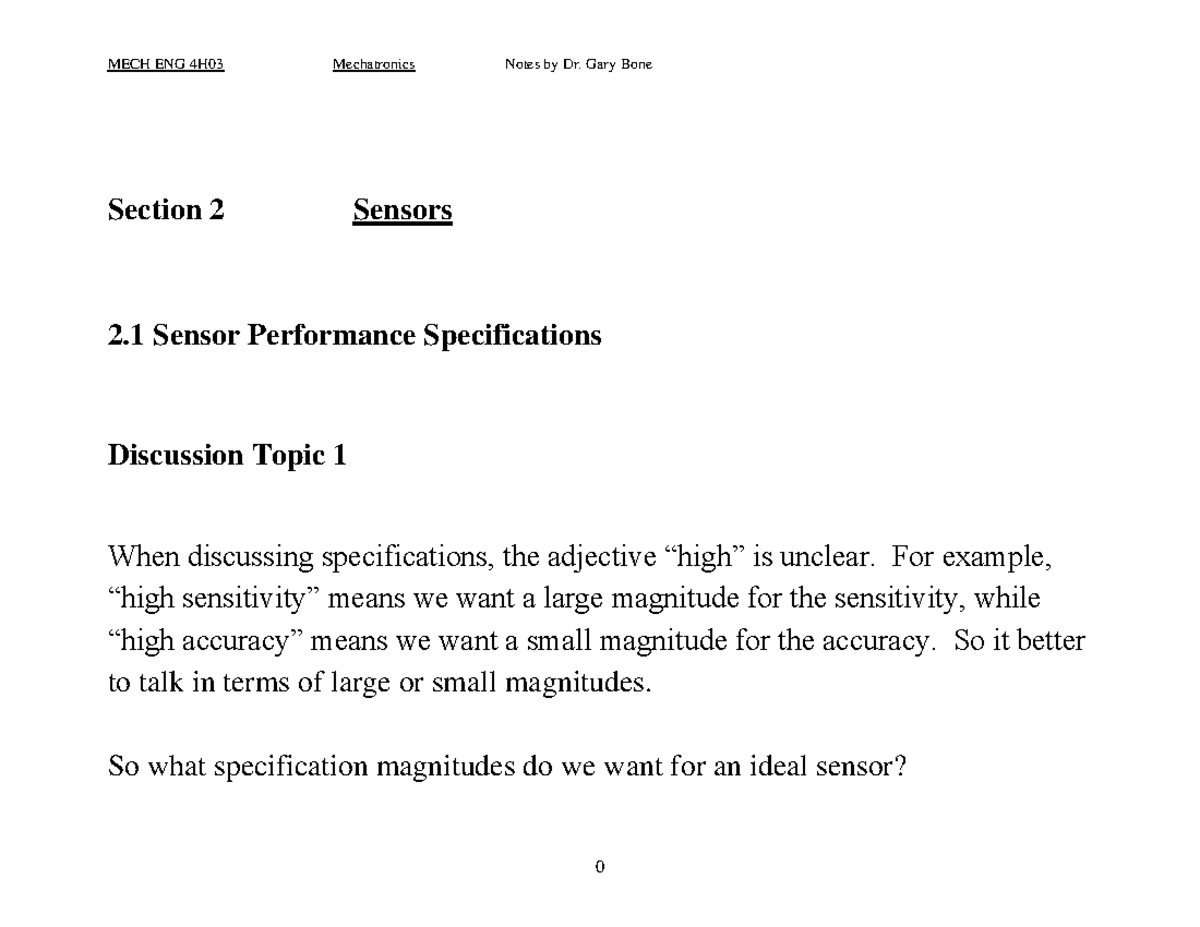 4H03 Lecture Slides Chapter 2 - Section 2 Sensors 2 Sensor Performance Specifications Discussion ...