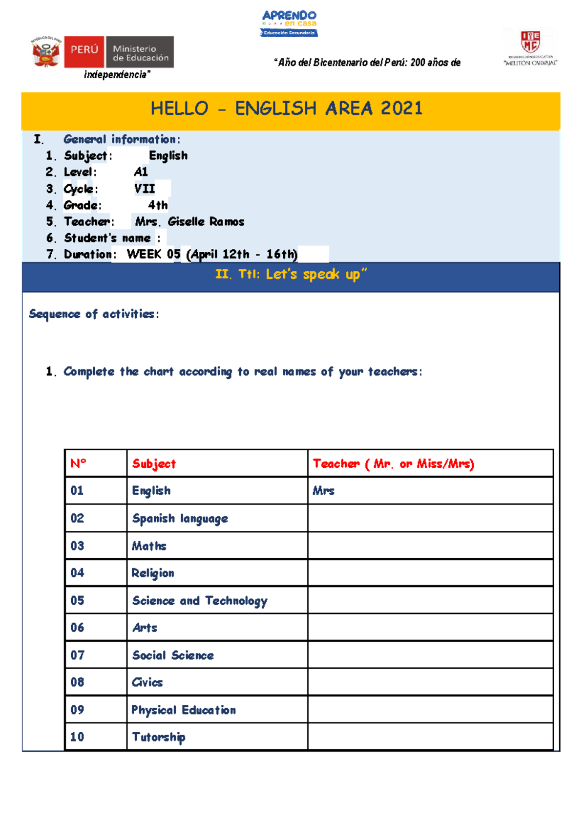 [Template] 4to Week 05. Speak up - independencia” “Año del Bicentenario ...