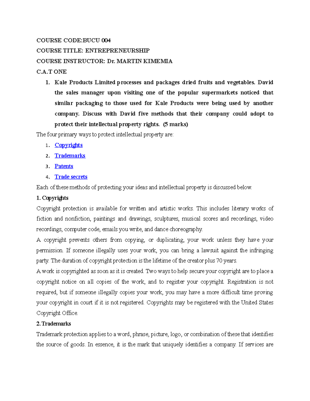 Entreprenuership Assignment MKU - COURSE CODE:BUCU 004 COURSE TITLE ...