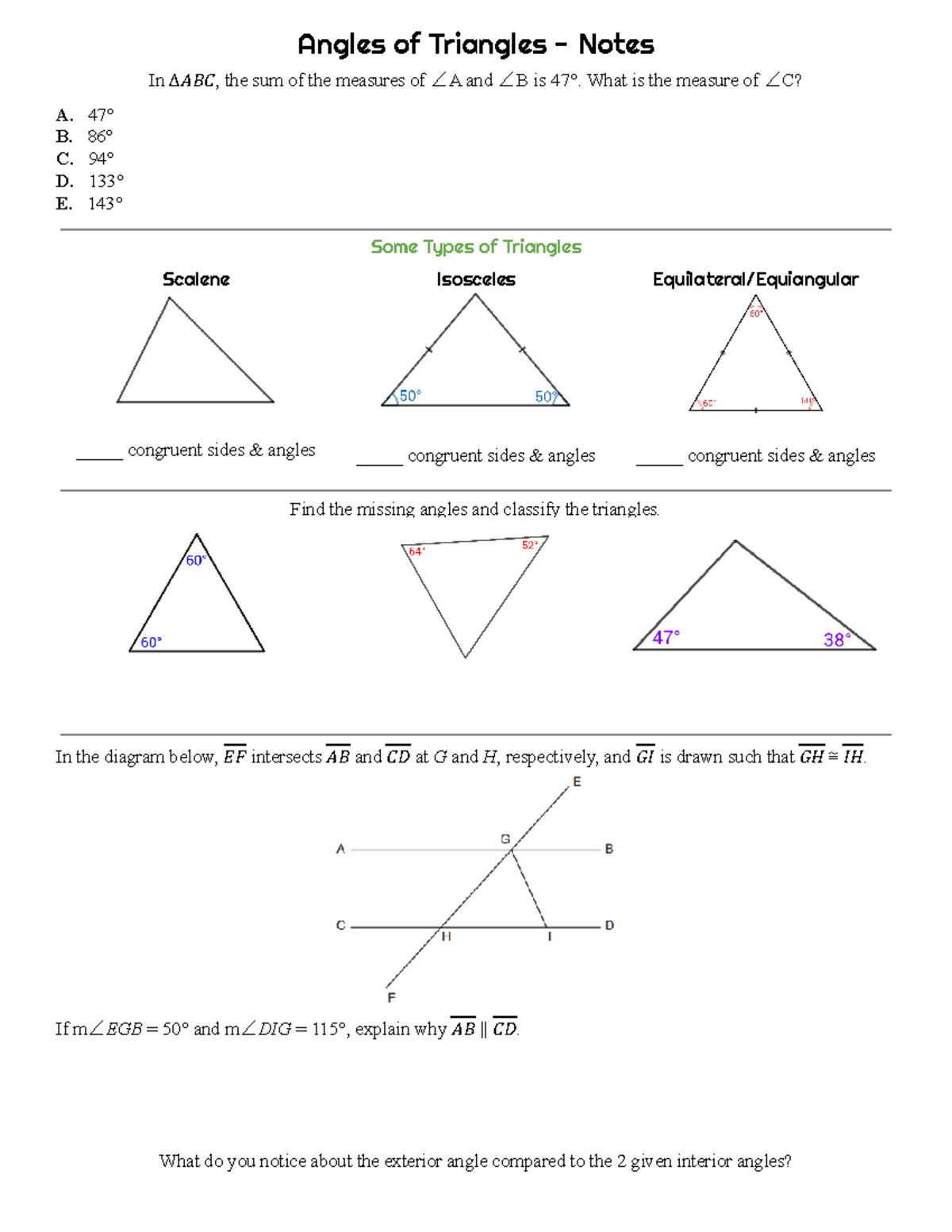 Angles of Triangles - Notes - Angles of Triangles - Notes In∆𝐴𝐵𝐶, the ...