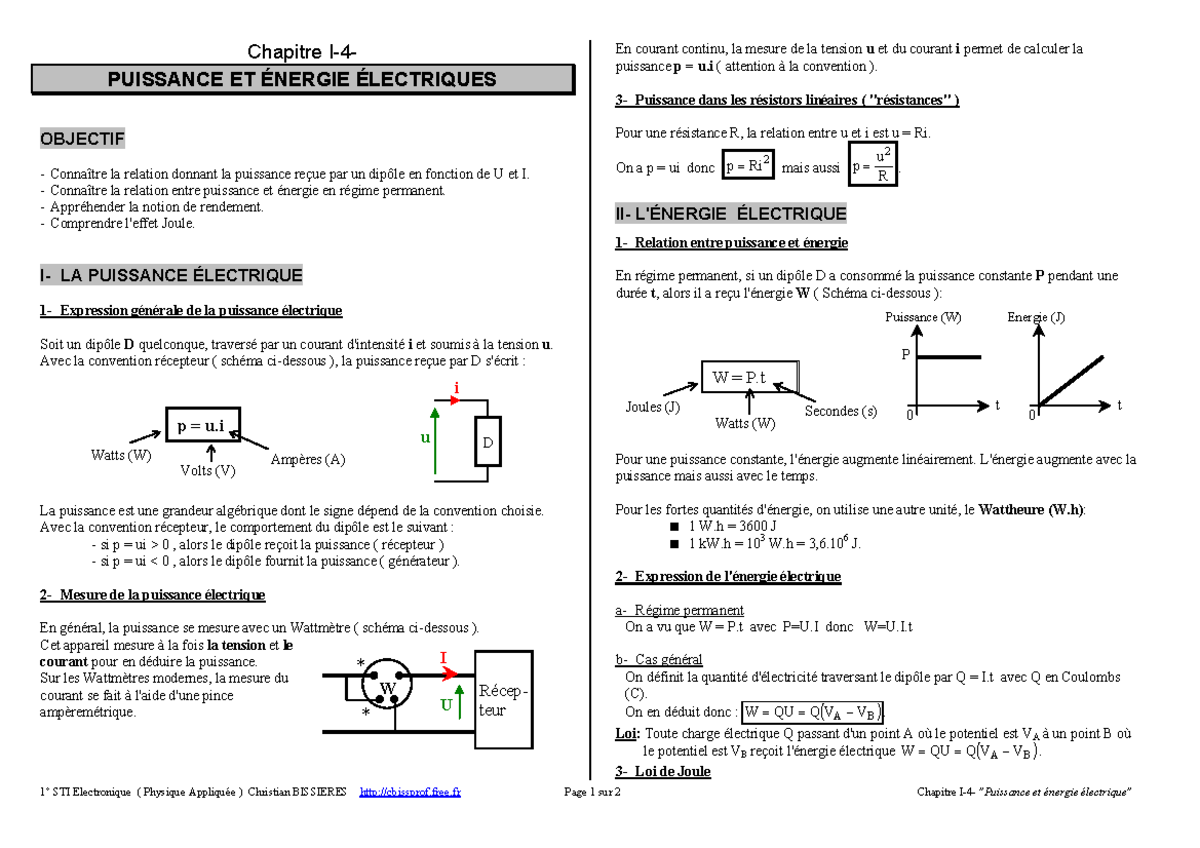 10 puissance et energie - 1∞ STI Electronique ( Physique AppliquÈe ...