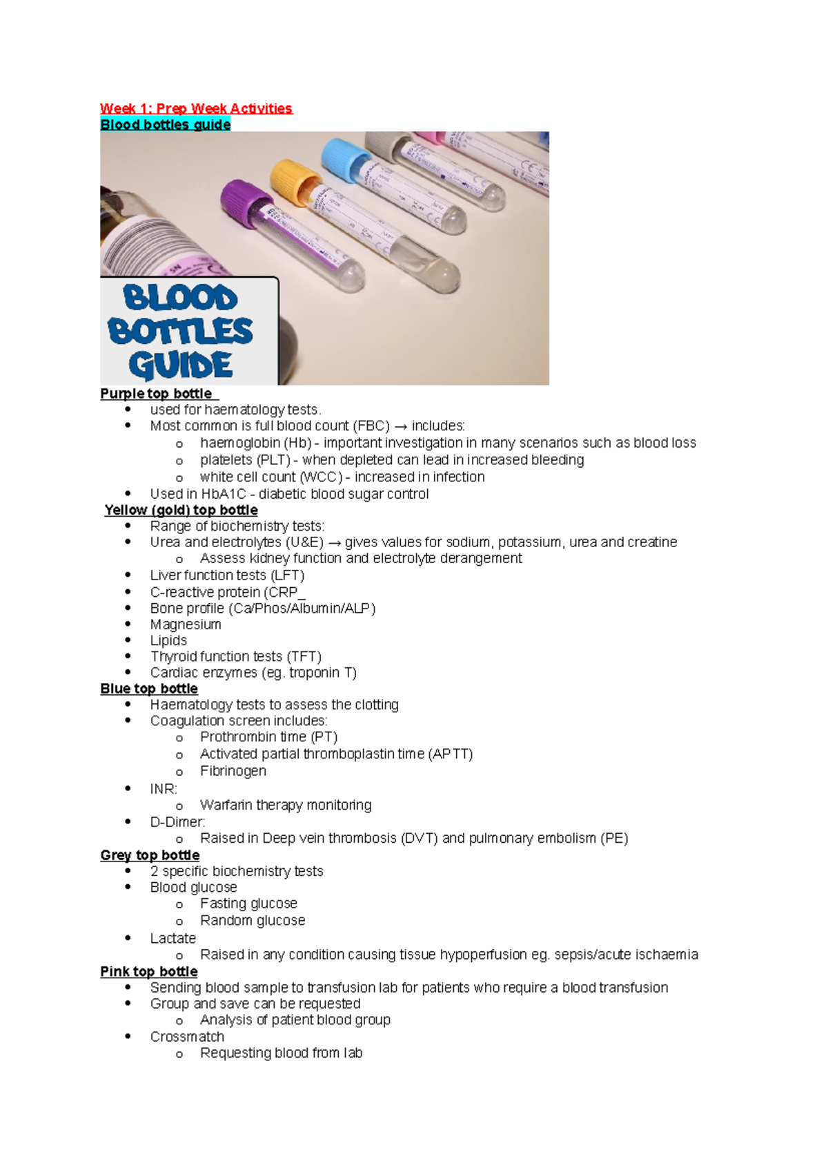 Haematology lec 1 notes - Week 1: Prep Week Activities Blood bottles ...