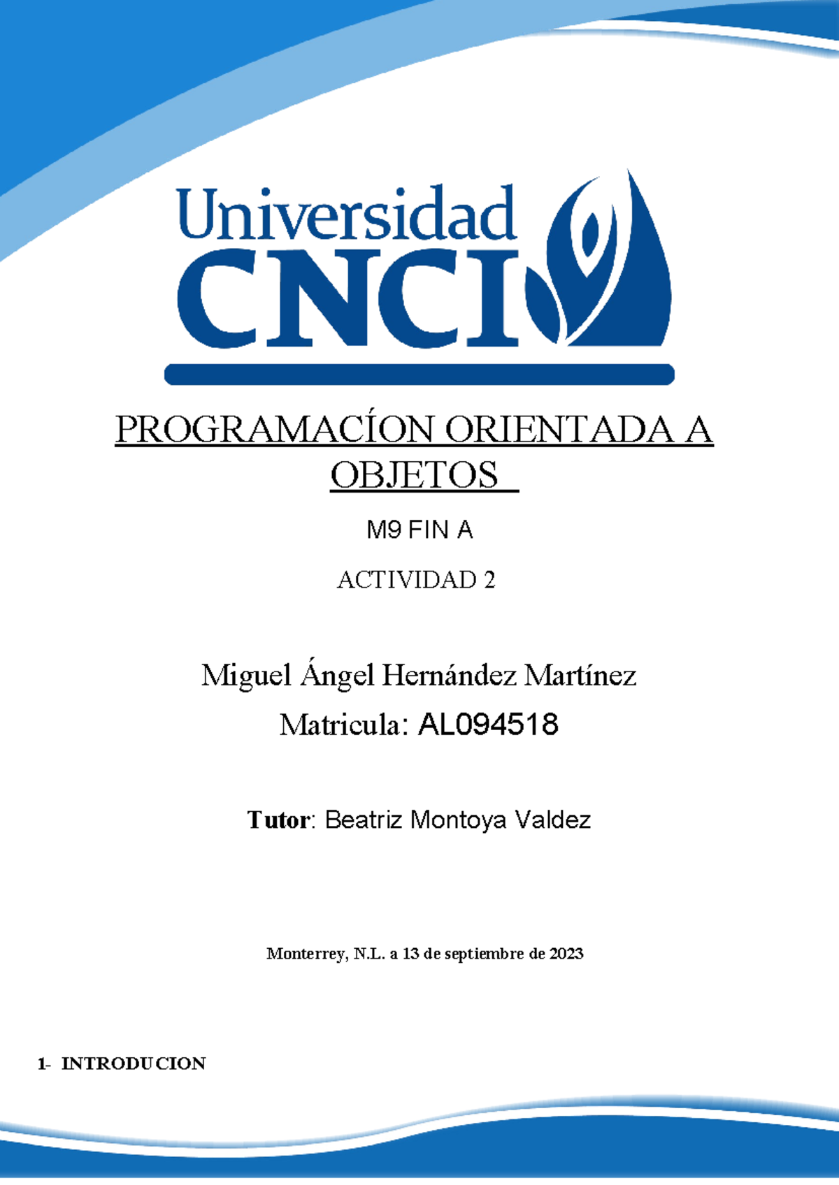 Programación orientada a objetos Actividad 2 - 1- INTRODUCION PROGRAMACÍON ORIENTADA A OBJETOS ...