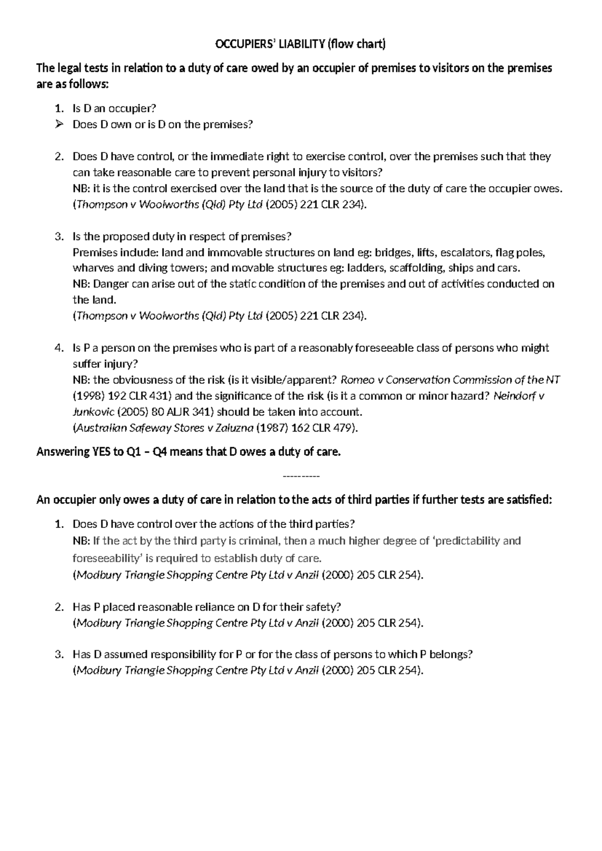 Occupiers Liability Flow chart - OCCUPIERS’ LIABILITY (flow chart) The ...