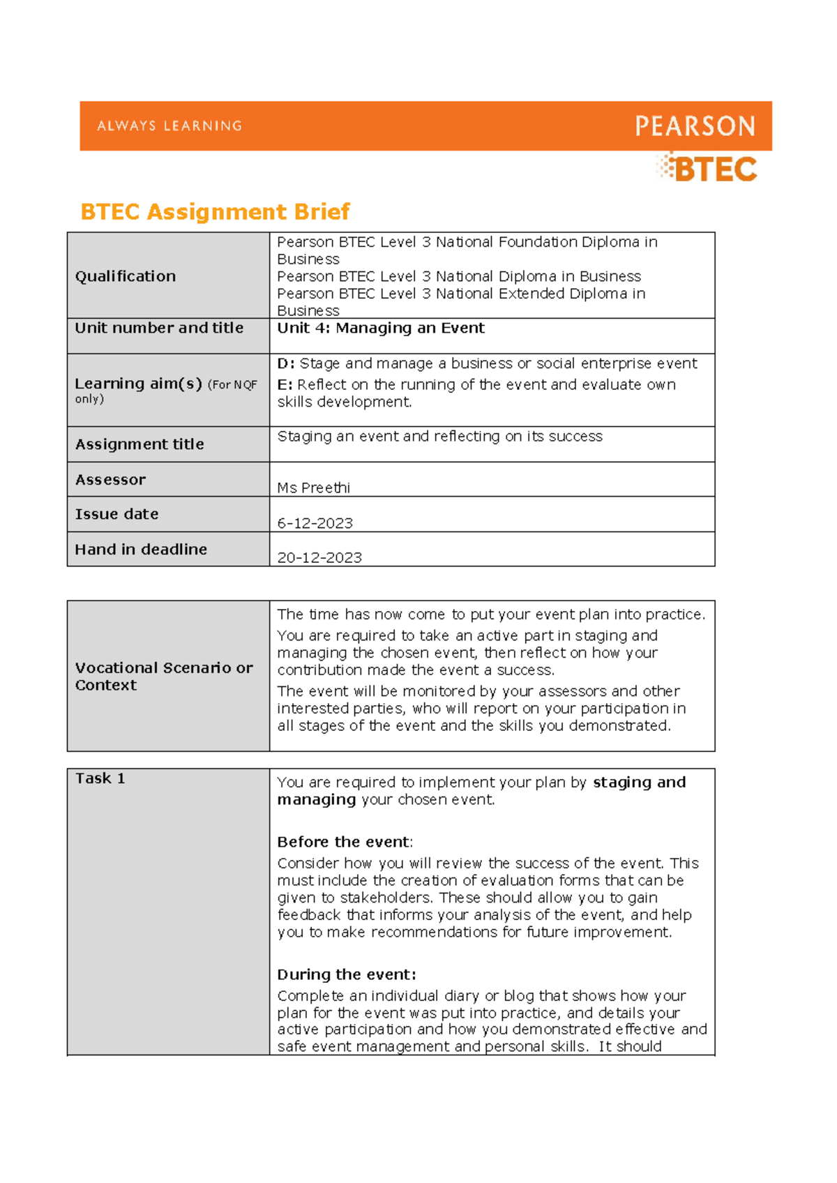 Unit 4 Assignment 3 - Brief - BTEC Assignment Brief Qualification ...