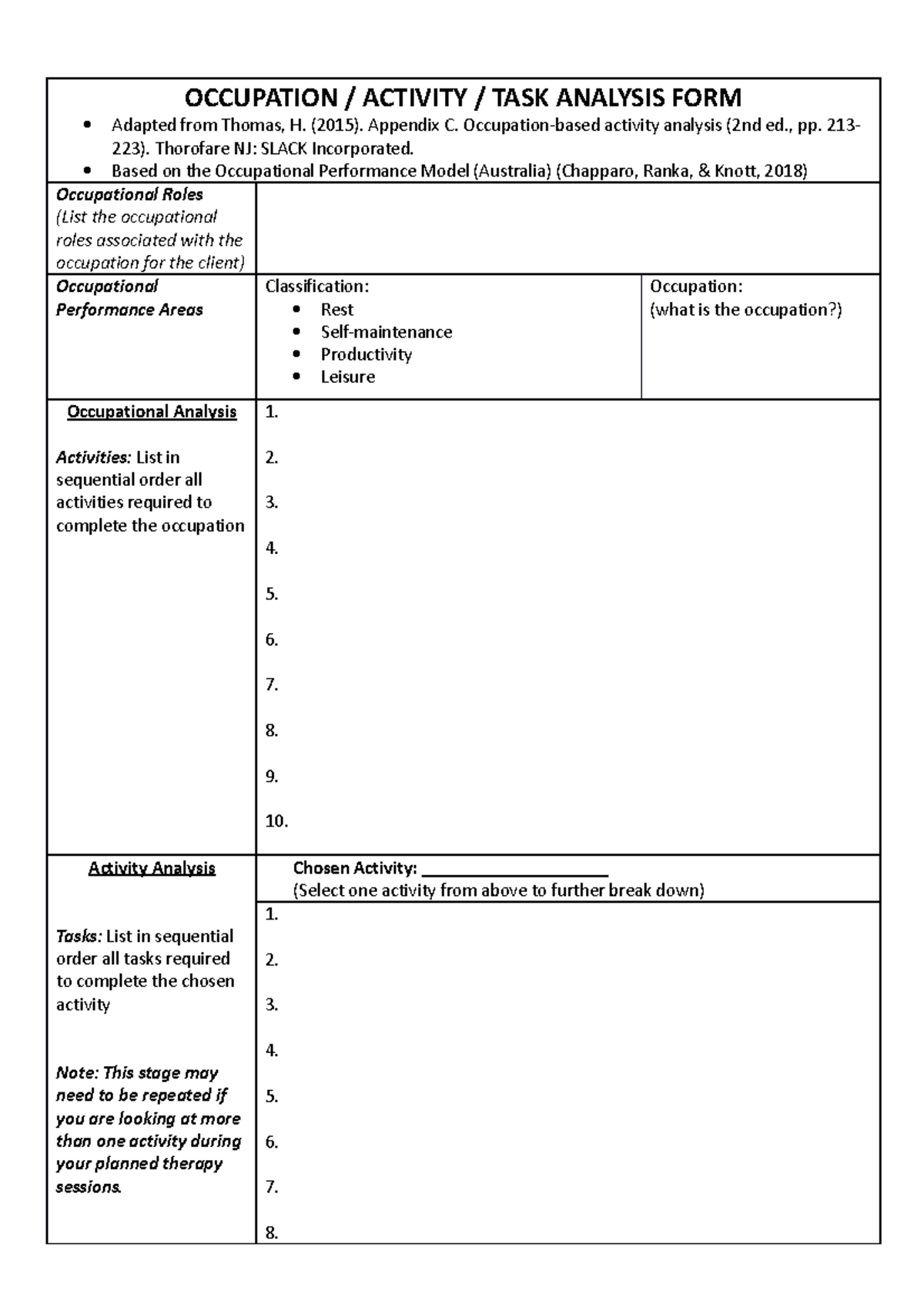 Occupation Activity Task Analysis Template - OCCUPATION / ACTIVITY ...