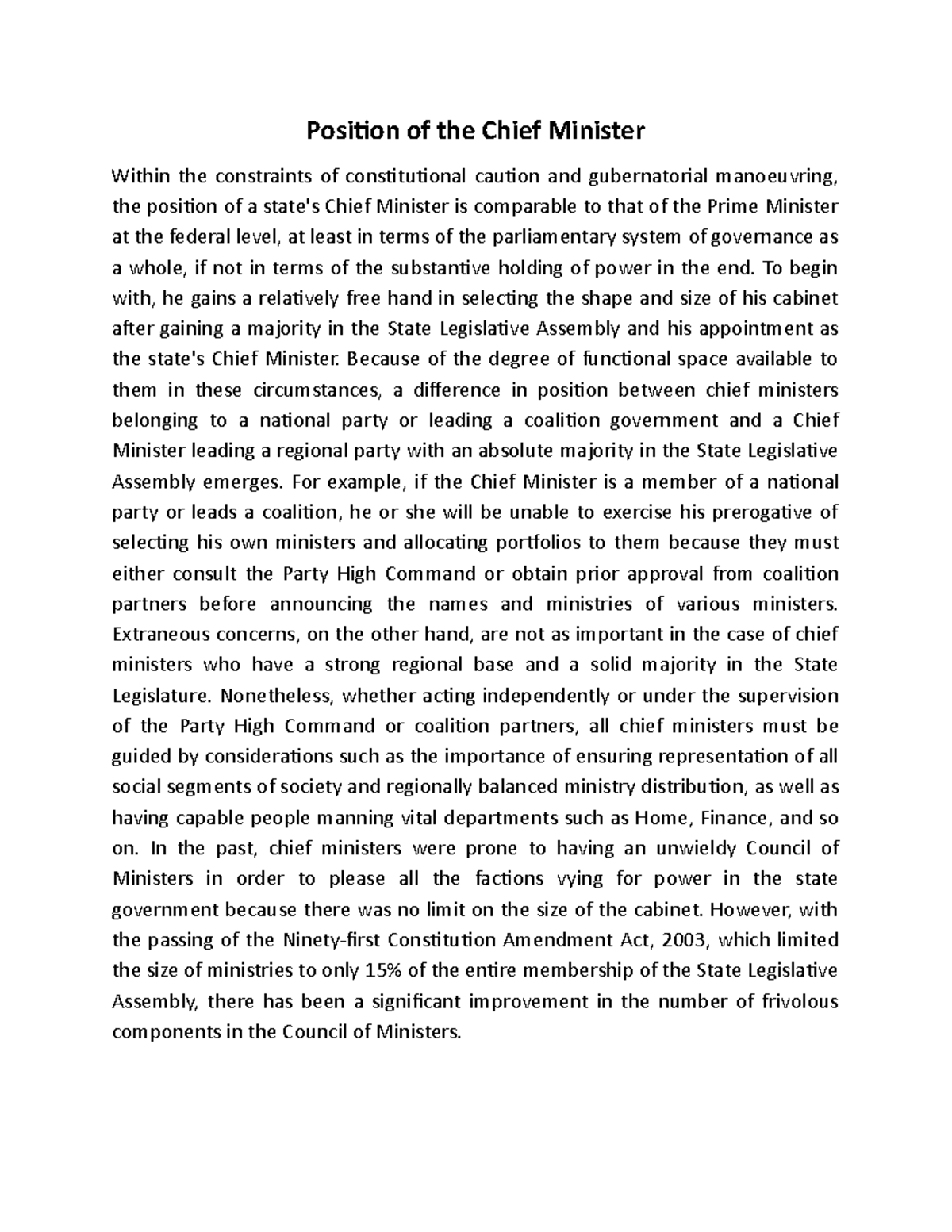 Position of the Chief Minister - Position of the Chief Minister Within ...
