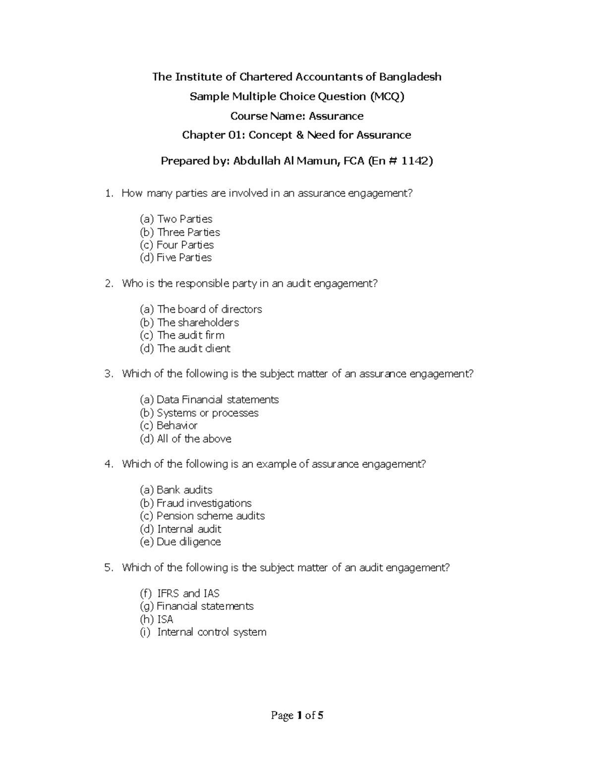 Sample MCQ for Assurance Chapter 01 Mamun - The Institute of Chartered Accountants of Bangladesh ...