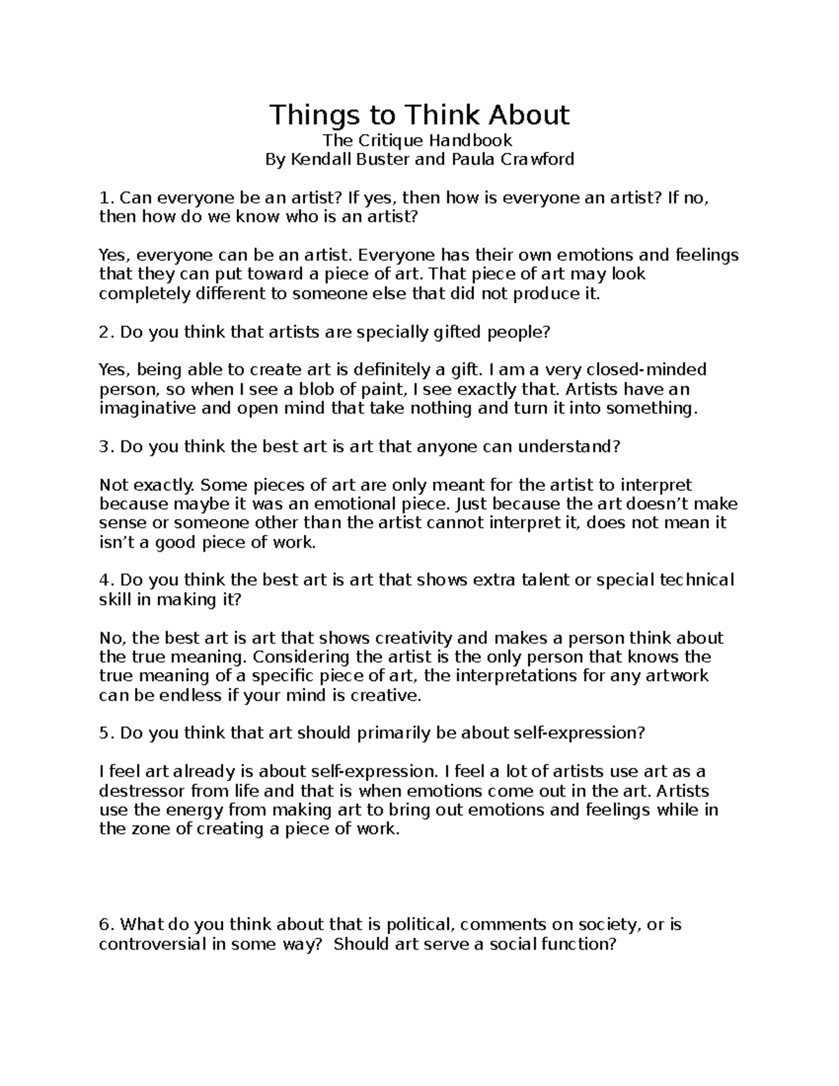 Art Thingsto Think About - Things to Think About The Critique Handbook ...