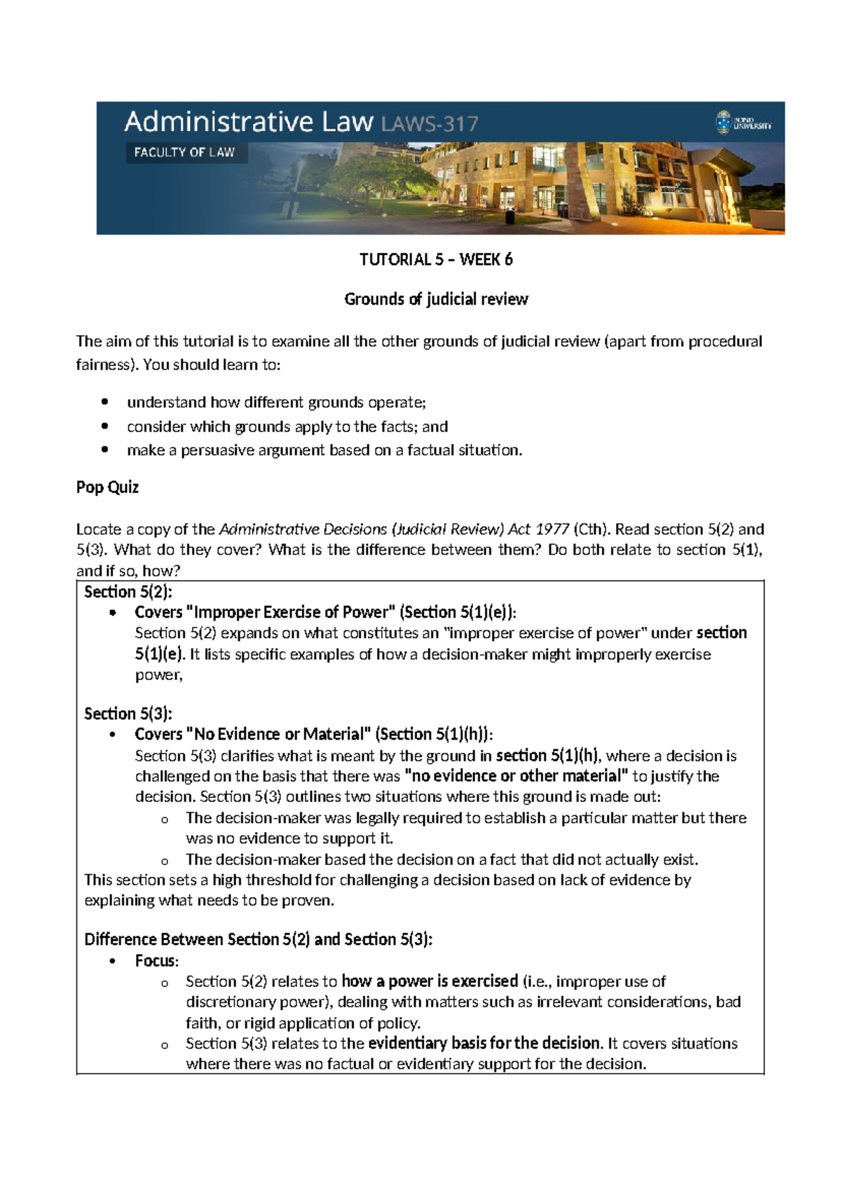 Admin Tutorial 5 - sfssf - TUTORIAL 5 – WEEK 6 Grounds of judicial review The aim of this ...