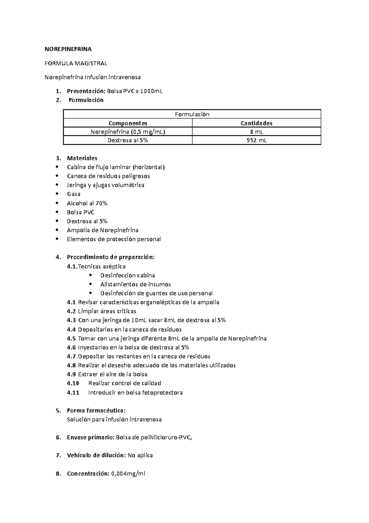 Norepinefrina - NOREPINEFRINA FORMULA MAGISTRAL Norepinefrina Infusión ...