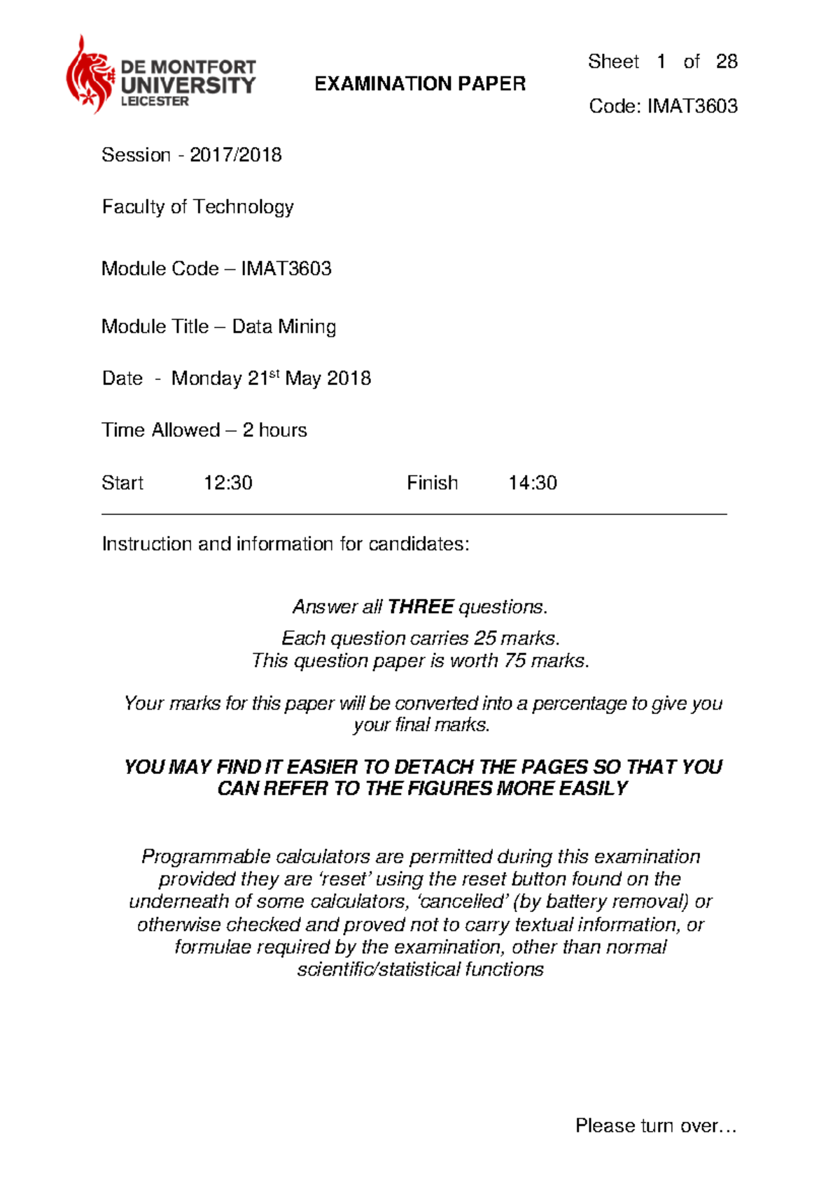 IMAT3603 2018 Exam - Sheet 1 of 28 EXAMINATION PAPER Code: IMAT Session ...