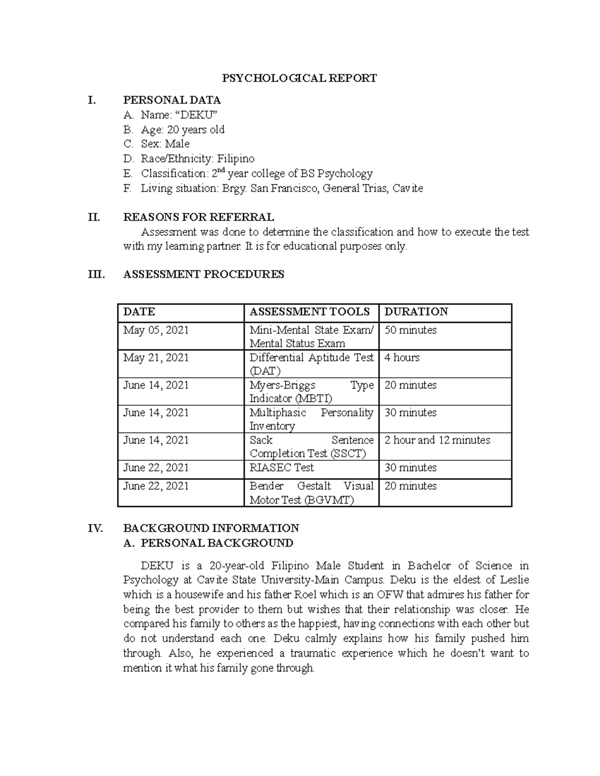 Psychological Report - PSYCHOLOGICAL REPORT I. PERSONAL DATA A. Name ...