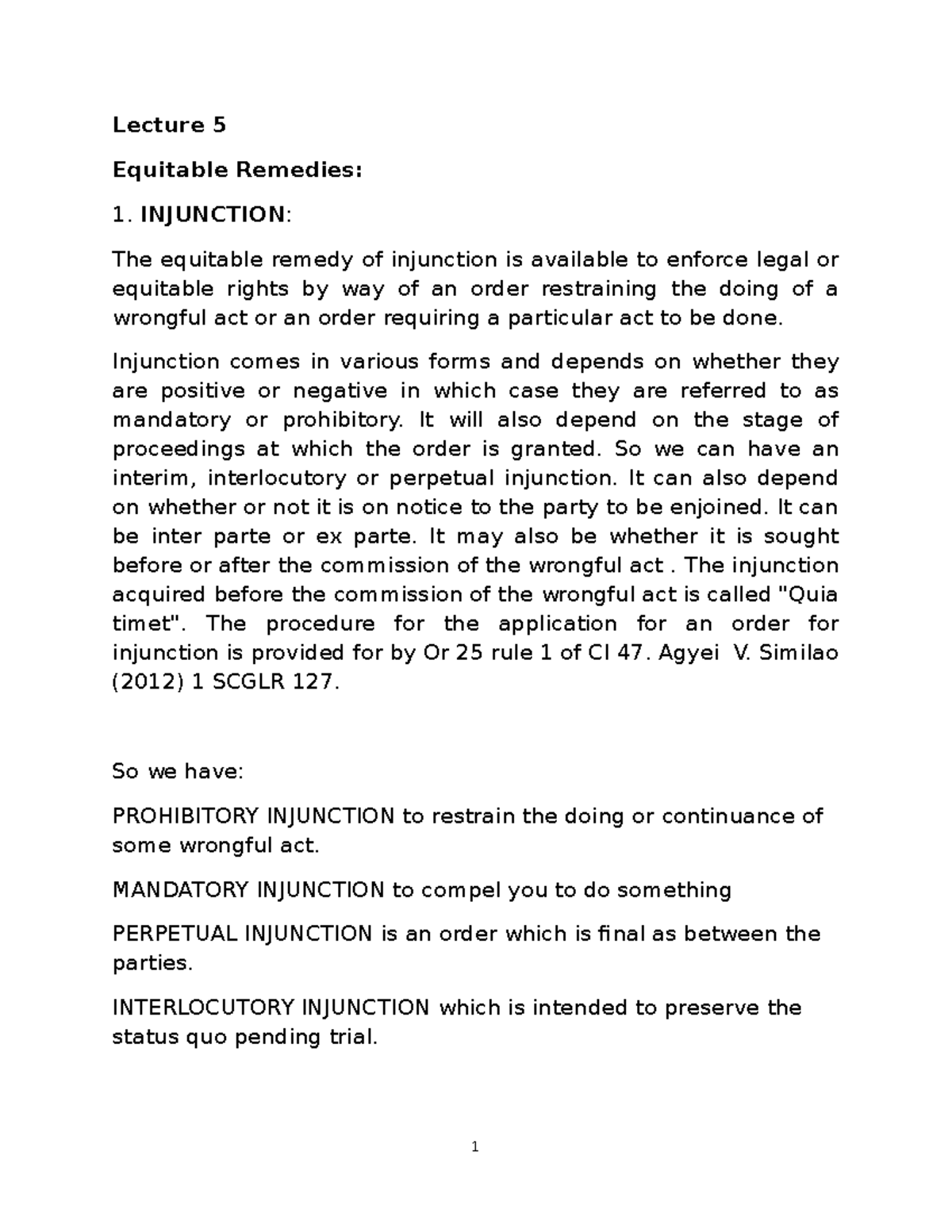 Equity Lecture 5 - Lecture 5 Equitable Remedies: INJUNCTION : The ...