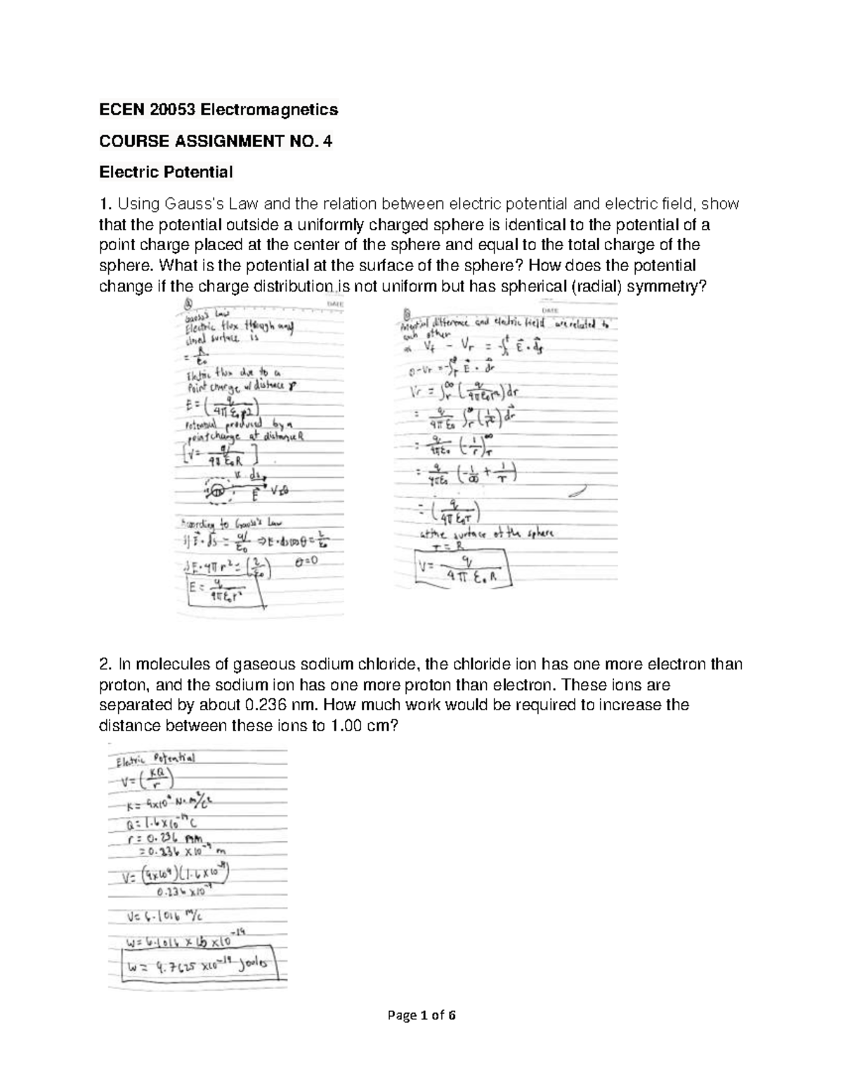 CA04 Electromagnetics - ECEN 20053 Electromagnetics COURSE ASSIGNMENT NO. 4 Electric Potential 1 ...