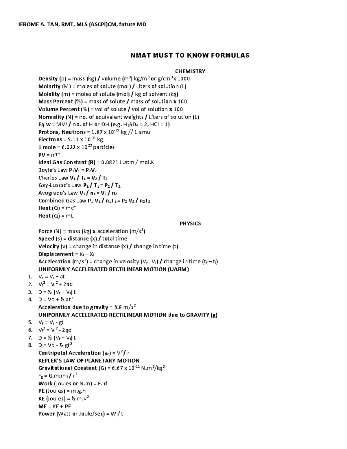 Must To Know Formulas (NMAT)-Tan - JEROME A. TAN, RMT, MLS (ASCPi)CM ...