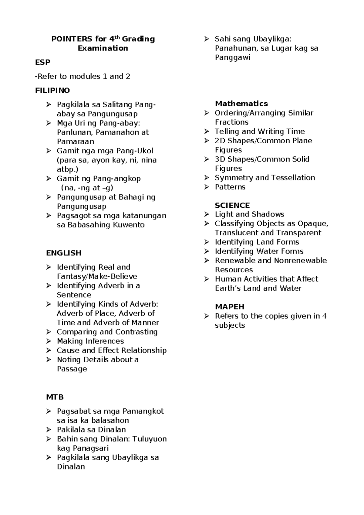 Pointers for 4th Grading Examination - POINTERS for 4th Grading Examination ESP -Refer to ...