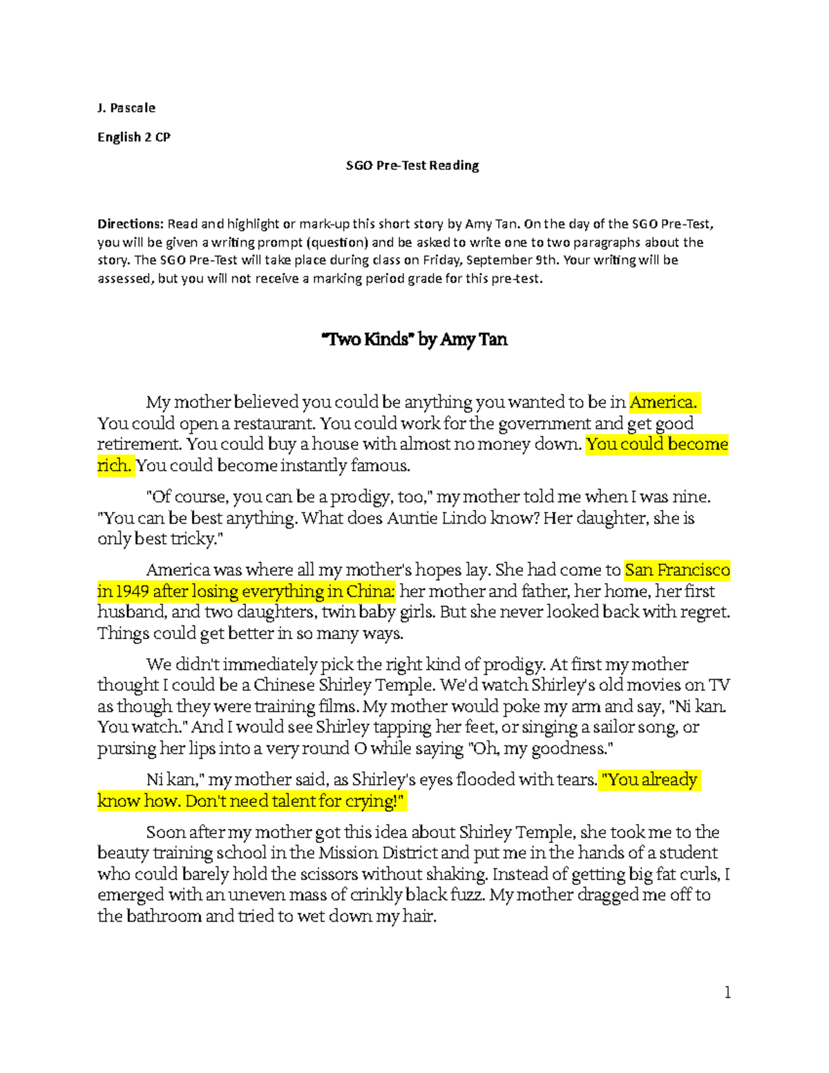 SGO Reading - sgo - J. Pascale English 2 CP SGO Pre-Test Reading ...