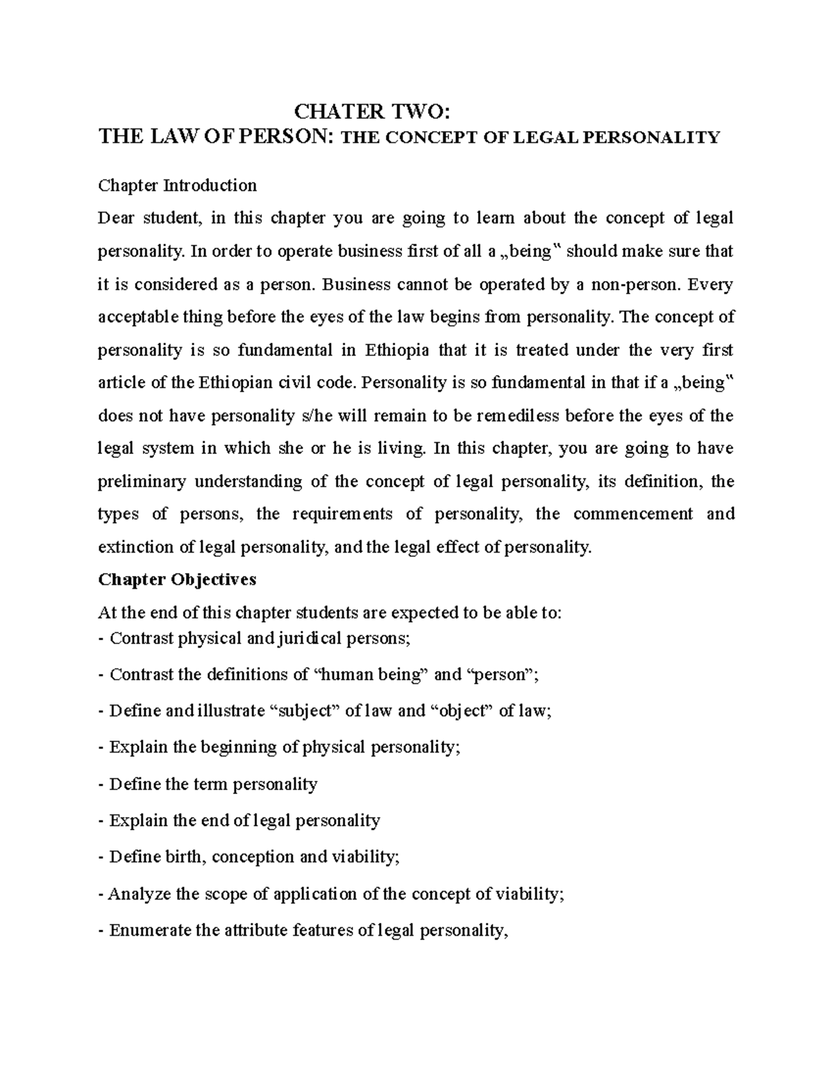 The law of person chapter 2 - CHATER TWO: THE LAW OF PERSON: THE ...