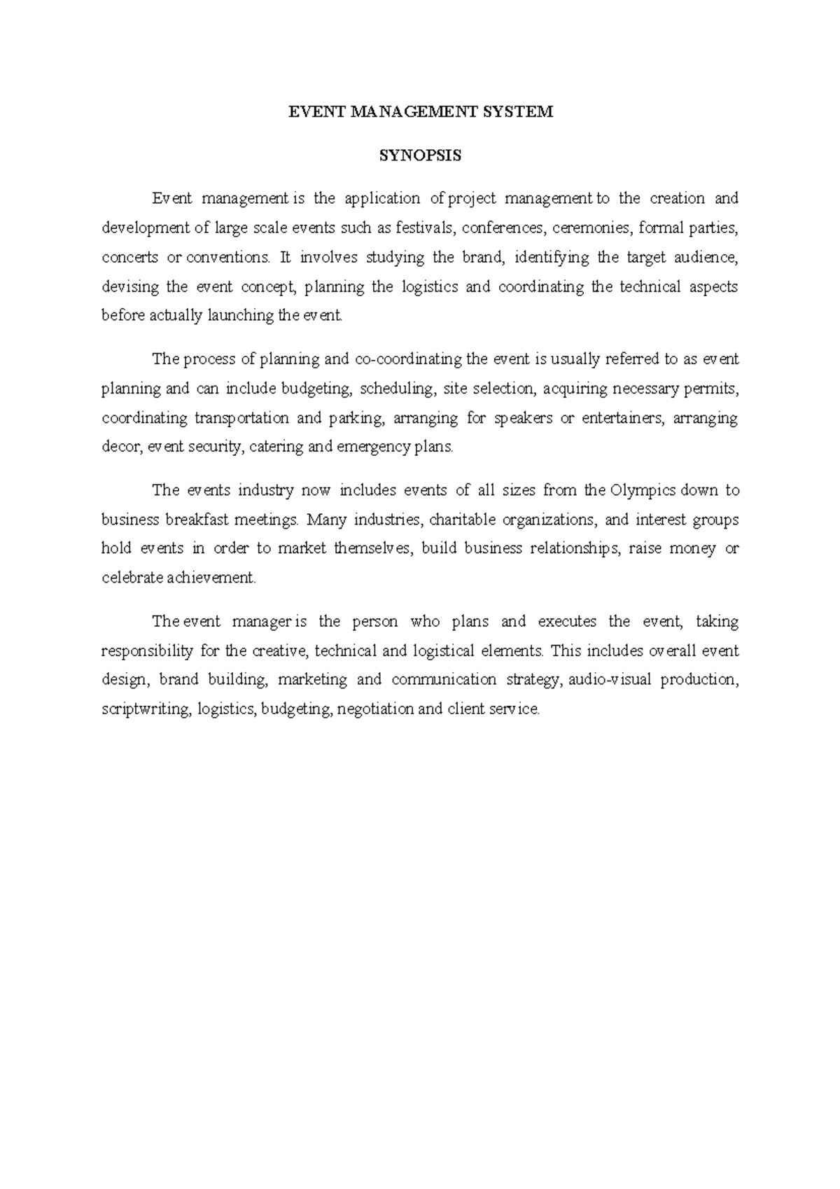 Event Management - EVENT MANAGEMENT SYSTEM SYNOPSIS Event management is ...