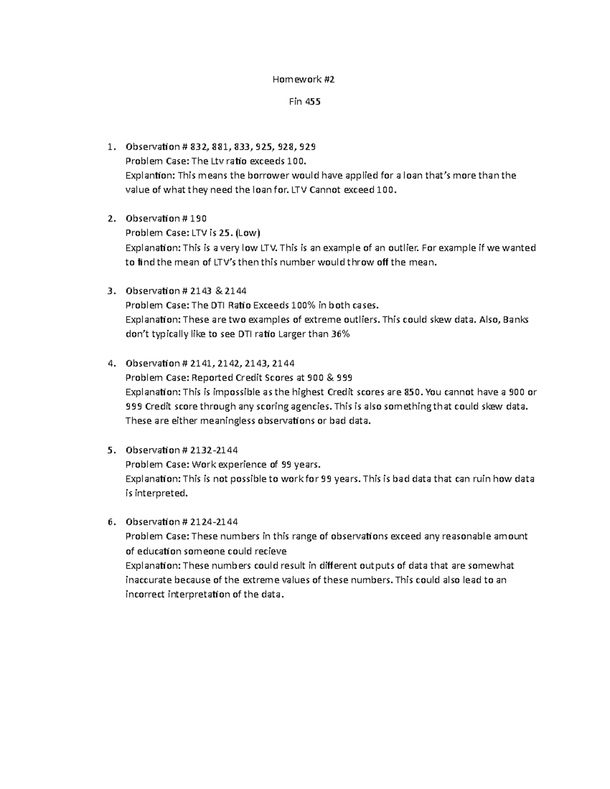 Steen Jack HW #2 FIN 455 - Complete Assignment - Homework # Fin 455 Observation # 832, 881, 833 ...