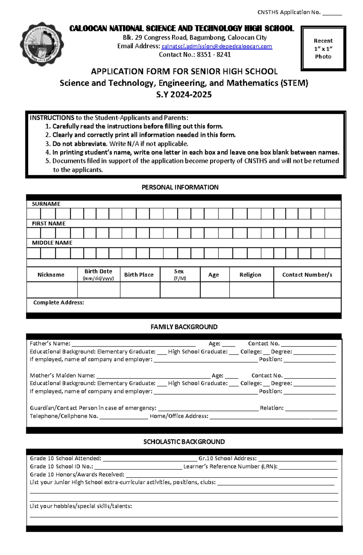 Cnsths SHS Admission FORM SY-24-25 - CNSTHS Application No ...