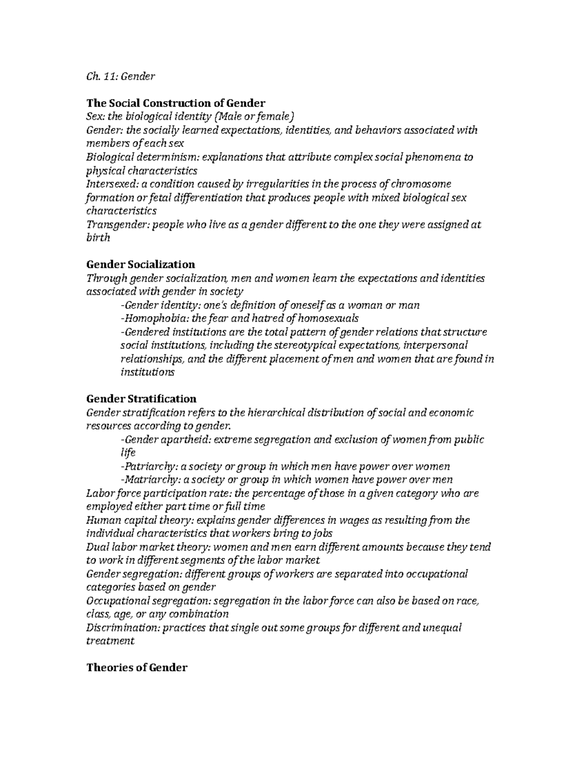 Ch. 11 Notes - Ch. 11: Gender The Social Construction of Gender Sex ...