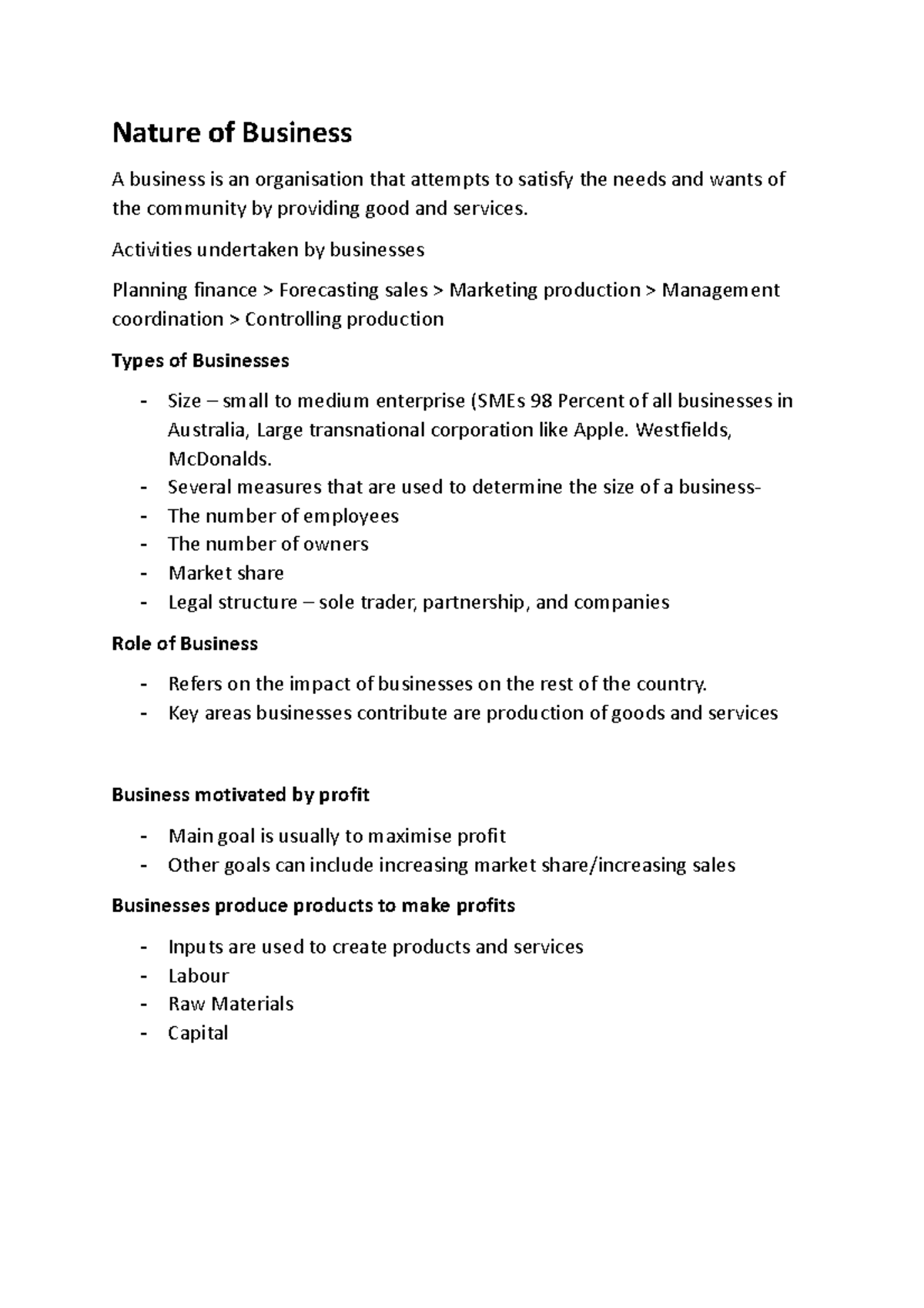 Business Studies Notes - Nature of Business A business is an ...