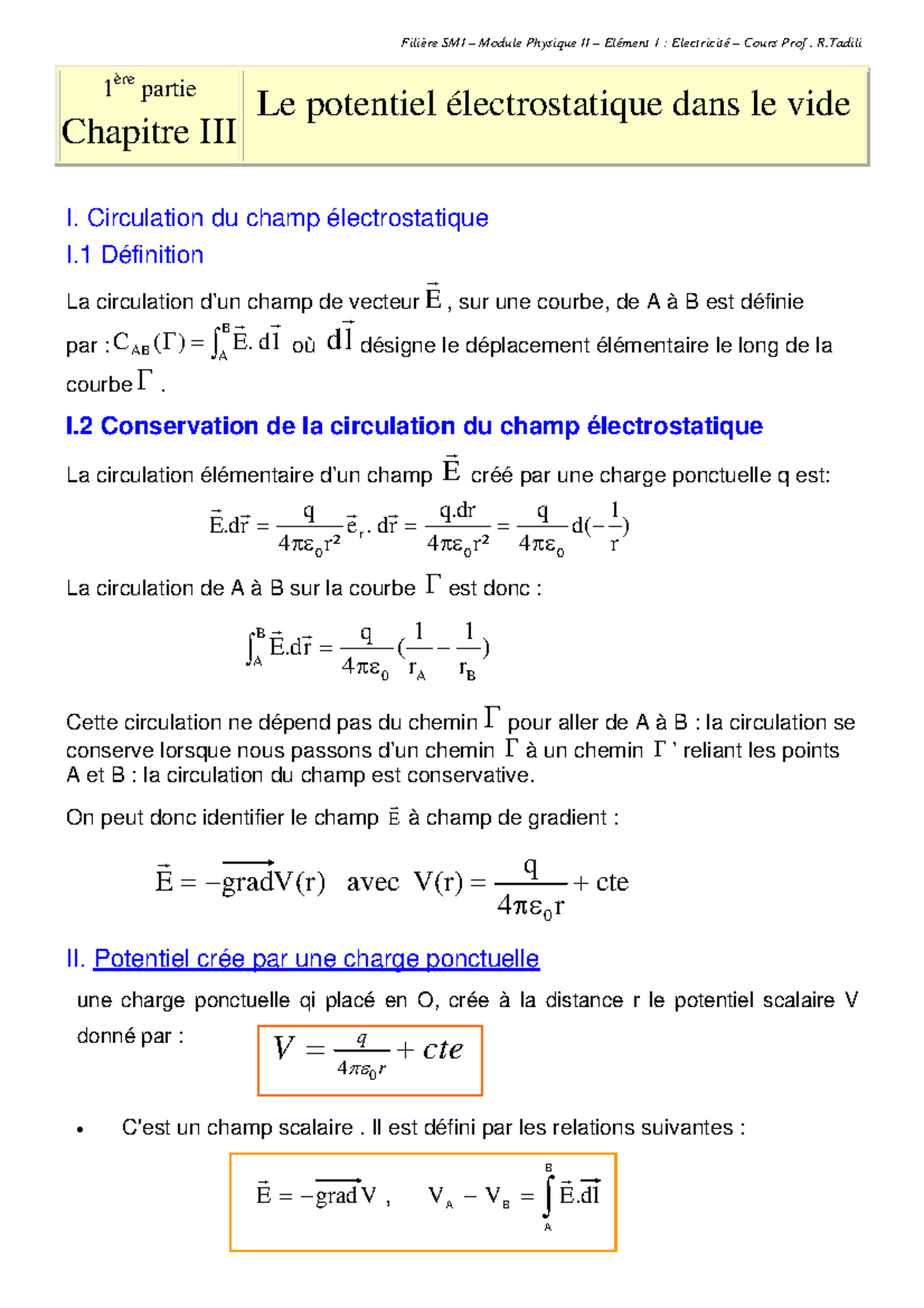 Tadili Chapitre III Le potentiel électrostatique dans le vide - 1 ère ...