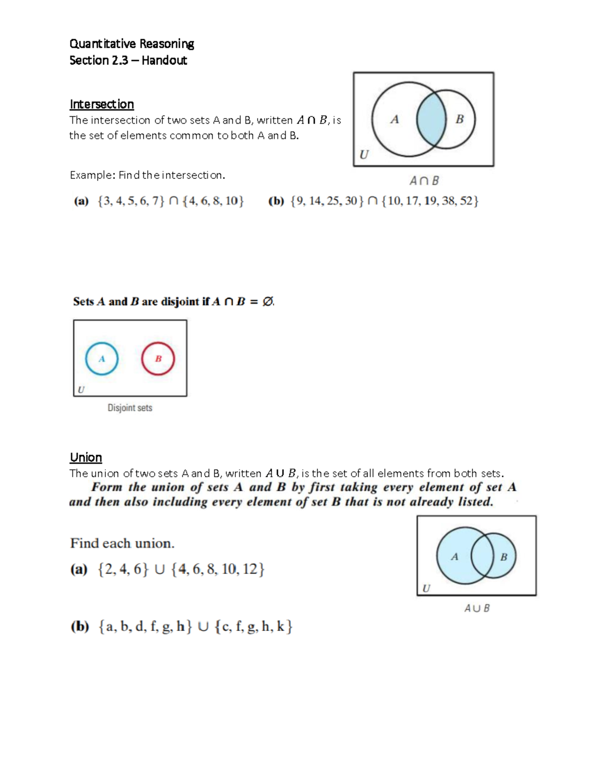 Section 2.3 (Set Operations) - MAT1100 - Section 2 – Handout ...