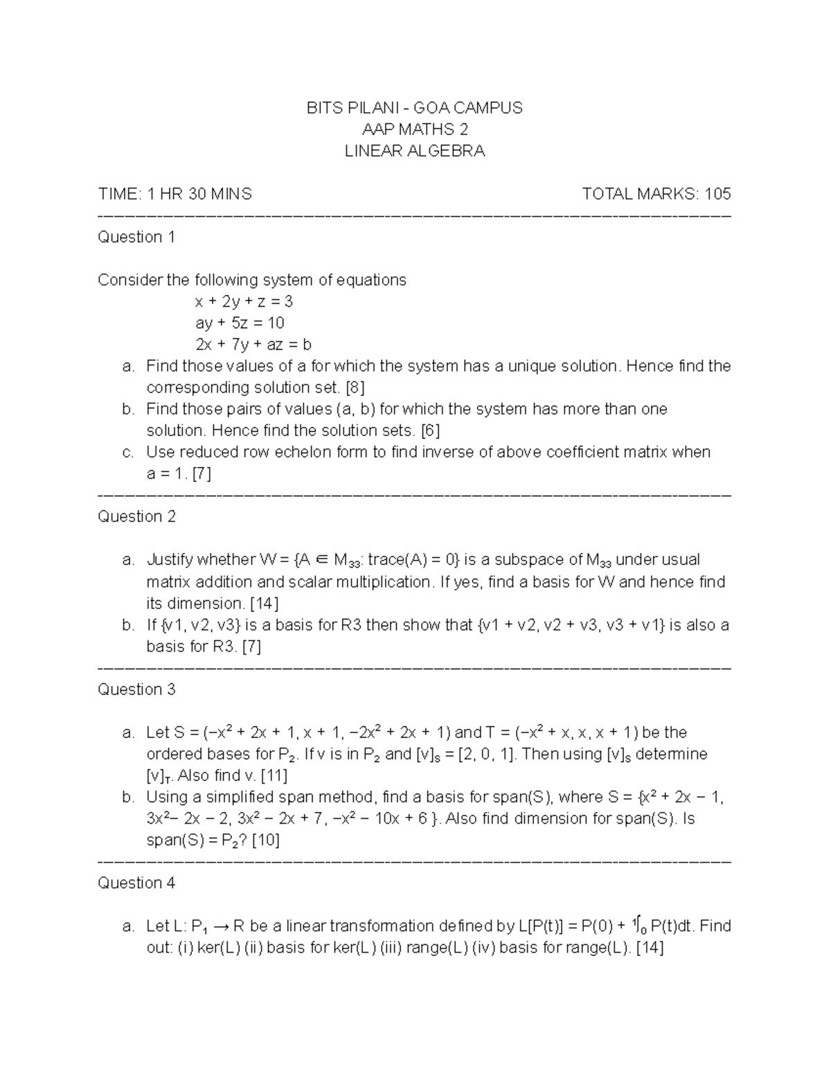 AAP Linear Algebra - AAP SEMESTER - Mathematics II - BITS Pilani - Studocu