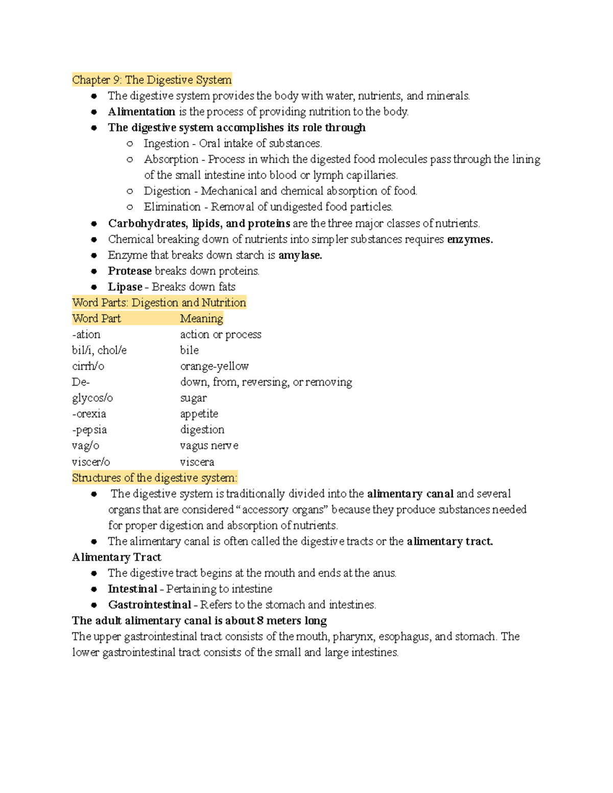 Medical Terminology Chapter 9 Notes - Chapter 9: The Digestive System ...