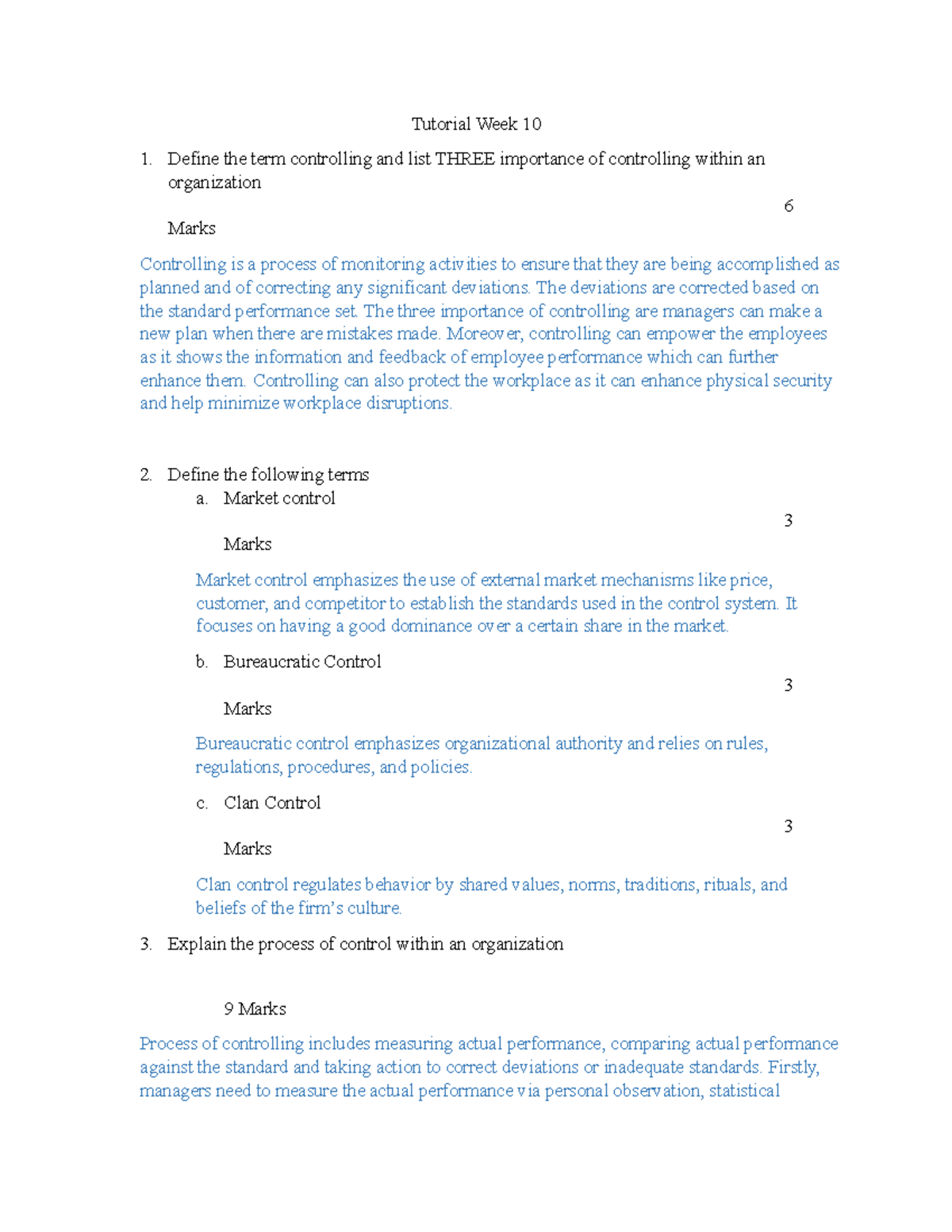 MBUS - Chapter 10 -Tutorial-20-22 Oct - Tutorial Week 10 Define the term controlling and list ...