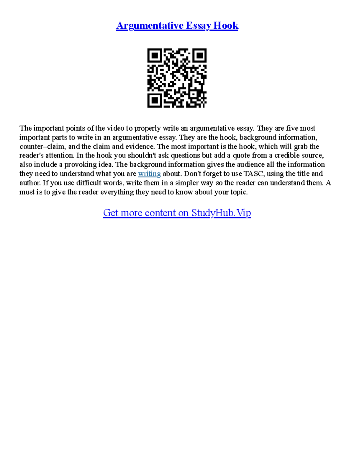 Essay Hook Examples - Argumentative Essay Hook The important points of ...