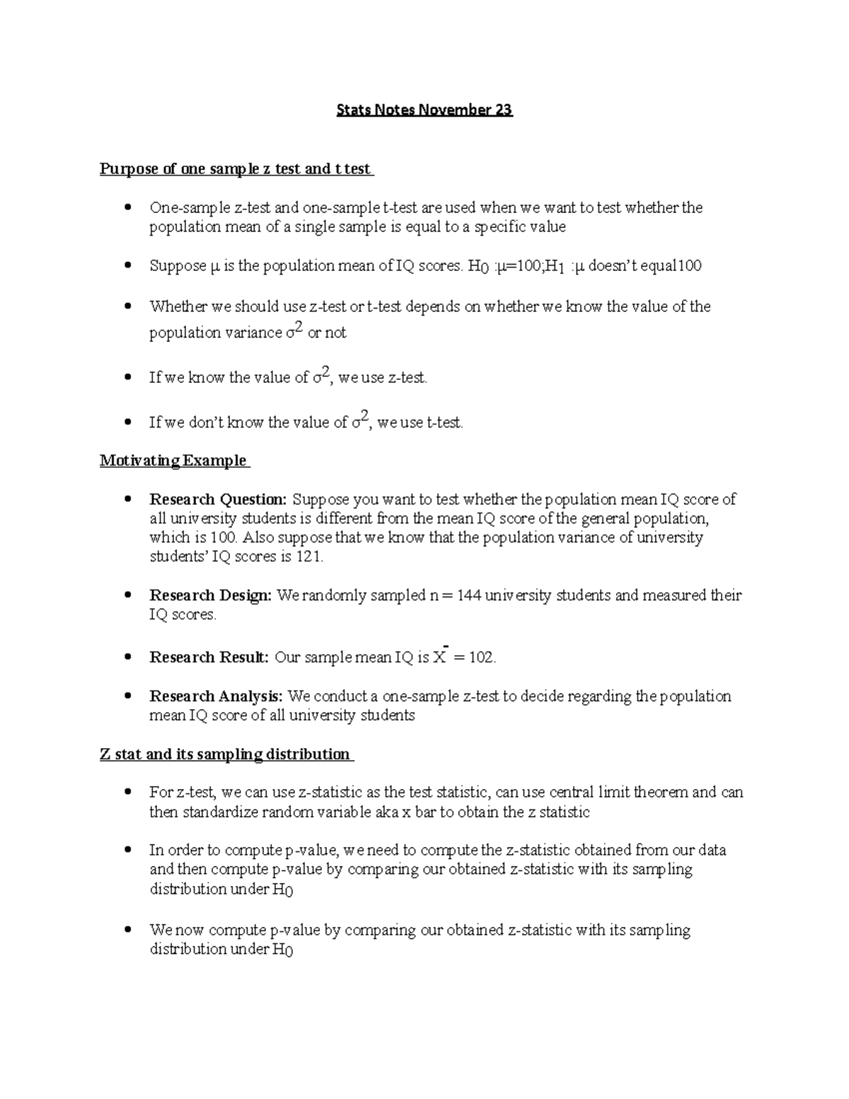 Stats Notes November 23 - PSYC 2021 - Yorku - Studocu