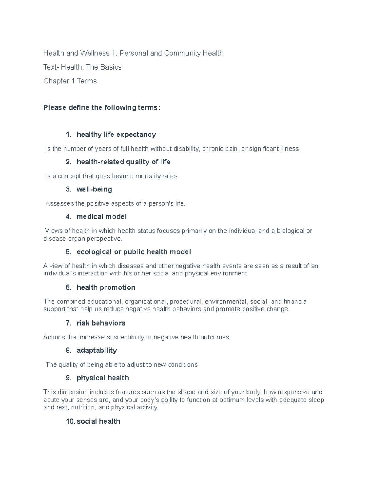 Health and Wellness CH 1.1 - Health and Wellness 1: Personal and ...