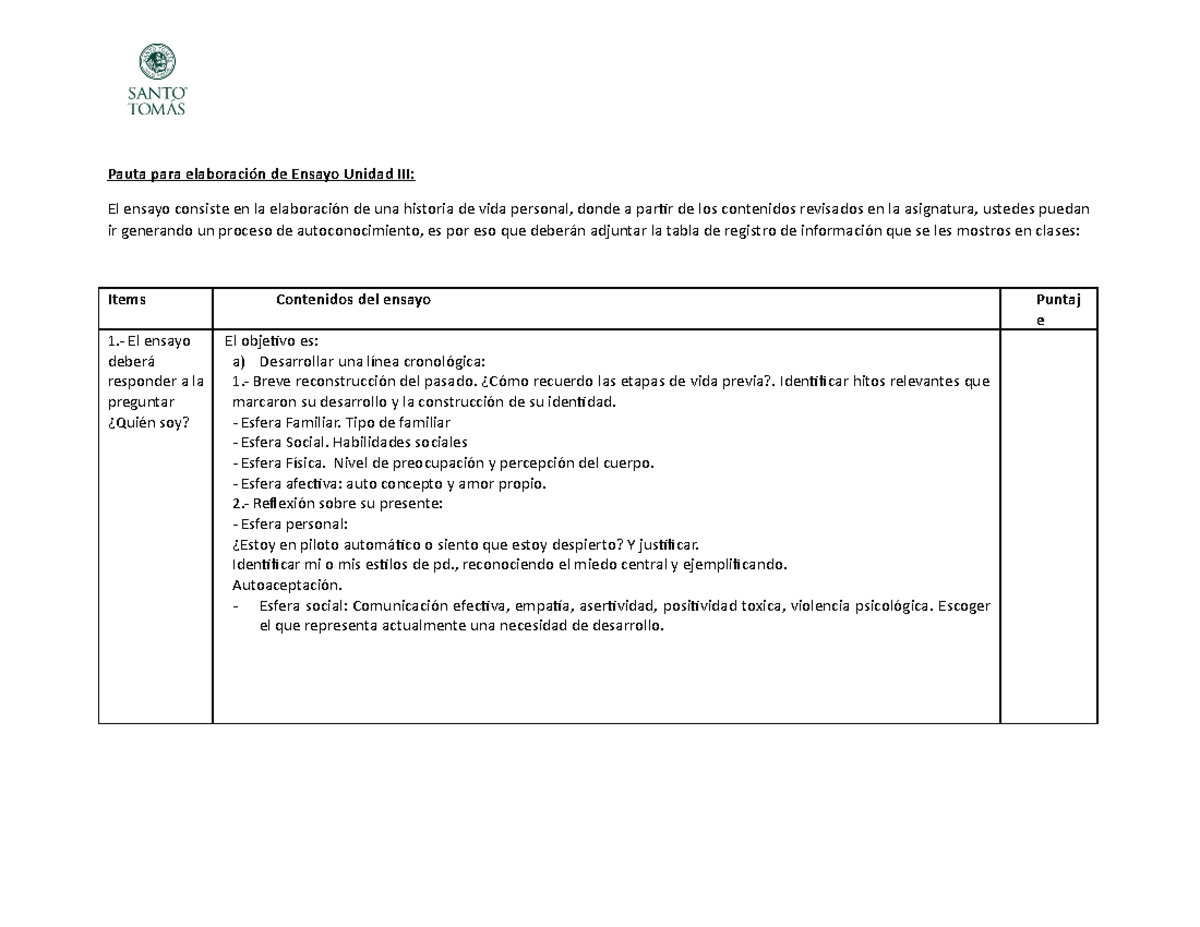 Pauta para elaboraci Ã³n de Ensayo Unidad 3 2022 - Pauta para ...