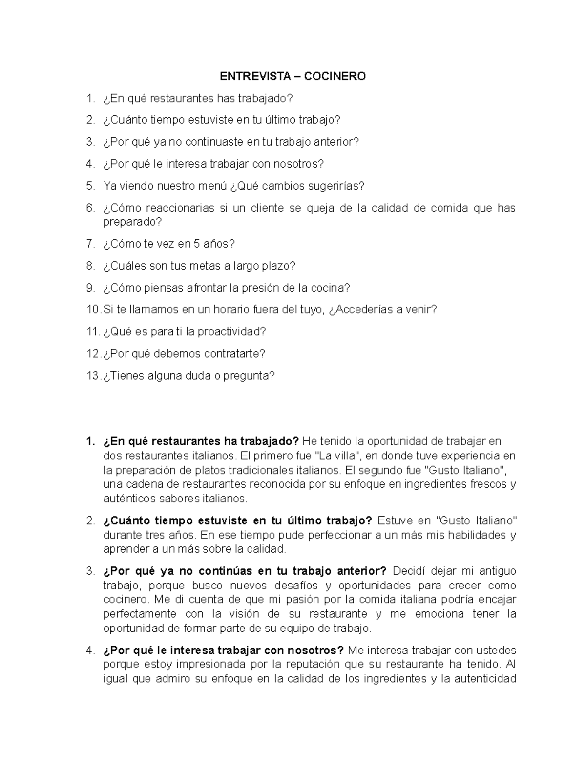 Entrevista- Cheff - ENTREVISTA – COCINERO ¿En qué restaurantes has ...