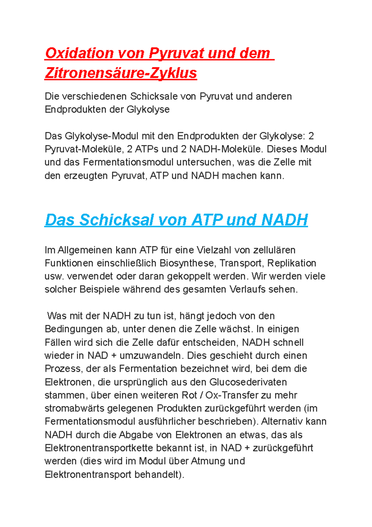 Oxidation von Pyruvat und dem Zitronensäure-Zyklus - Oxidation von ...