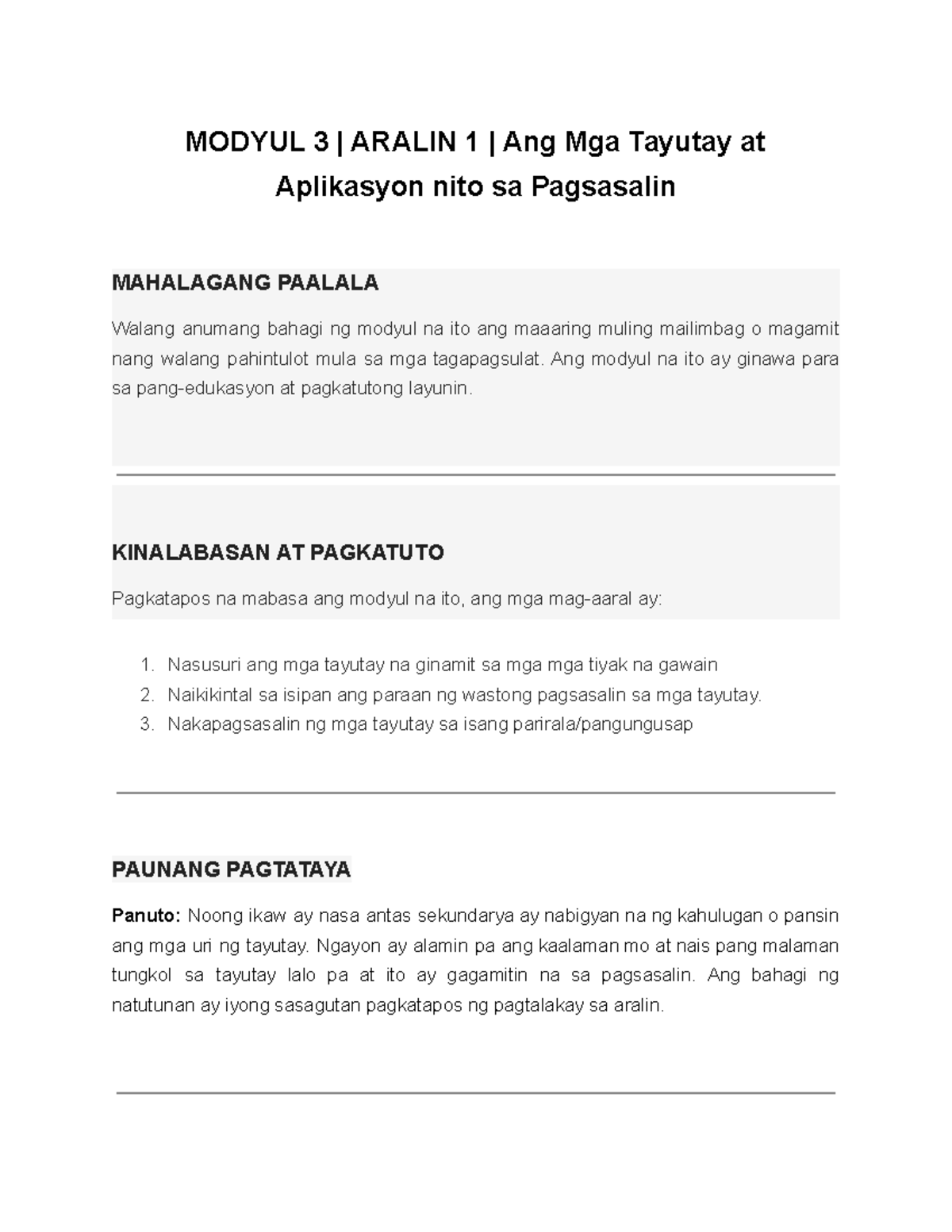 Module 3 Fil2 - n/a - MODYUL 3 | ARALIN 1 | Ang Mga Tayutay at ...