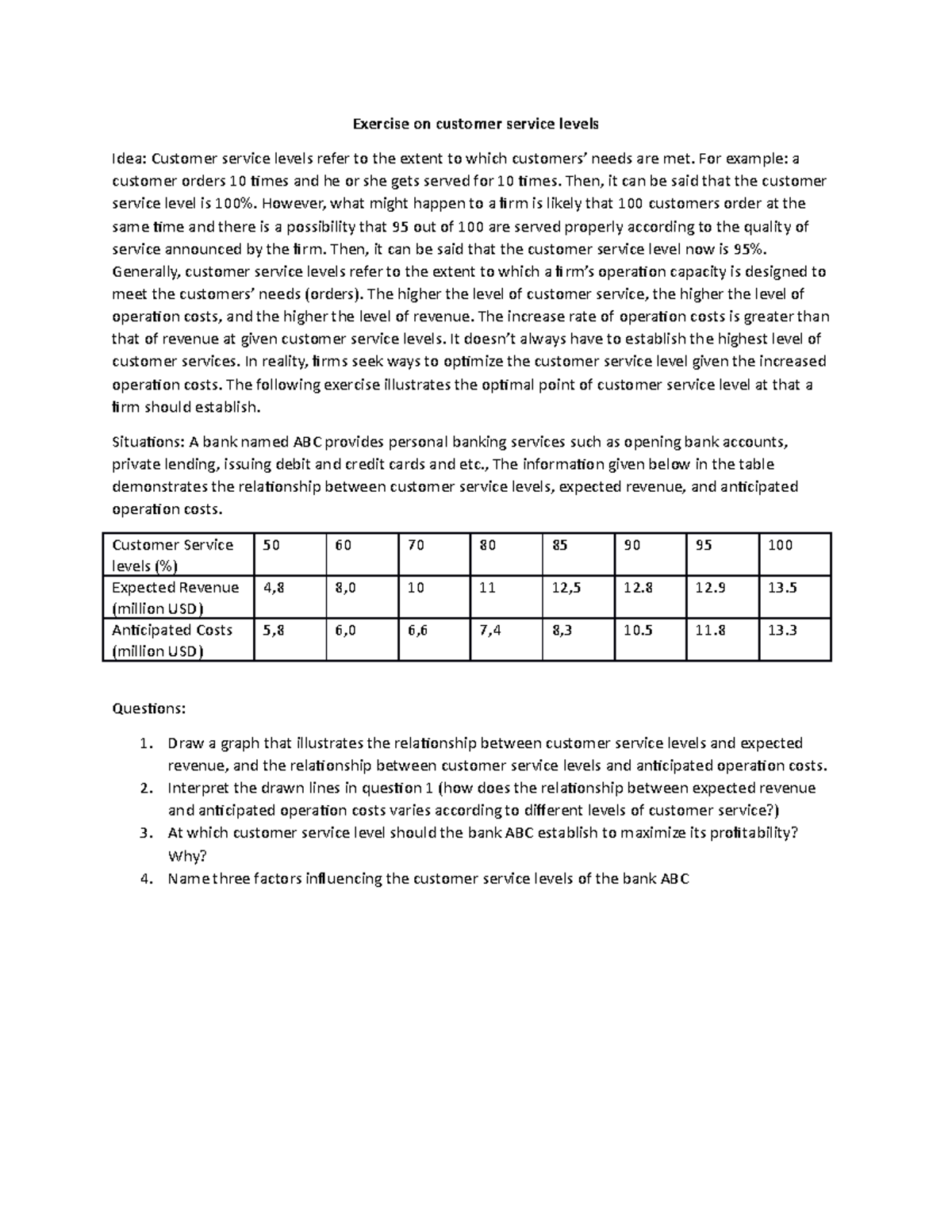 Exercise 2 - Customer service levels - Exercise on customer service levels Idea: Customer ...